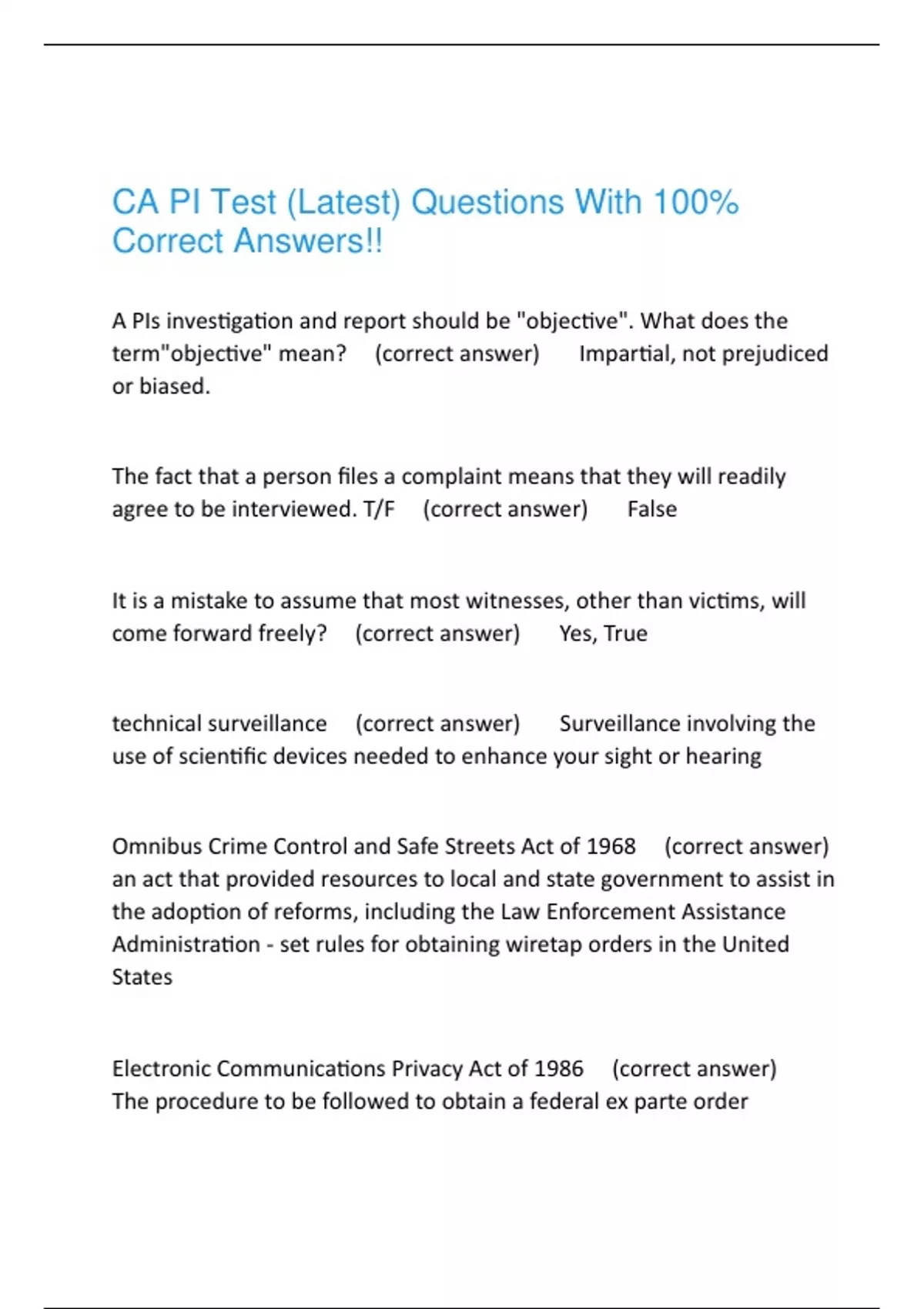 CA PI (2024) Questions With Complete Solutions!! - CA PI - Stuvia US