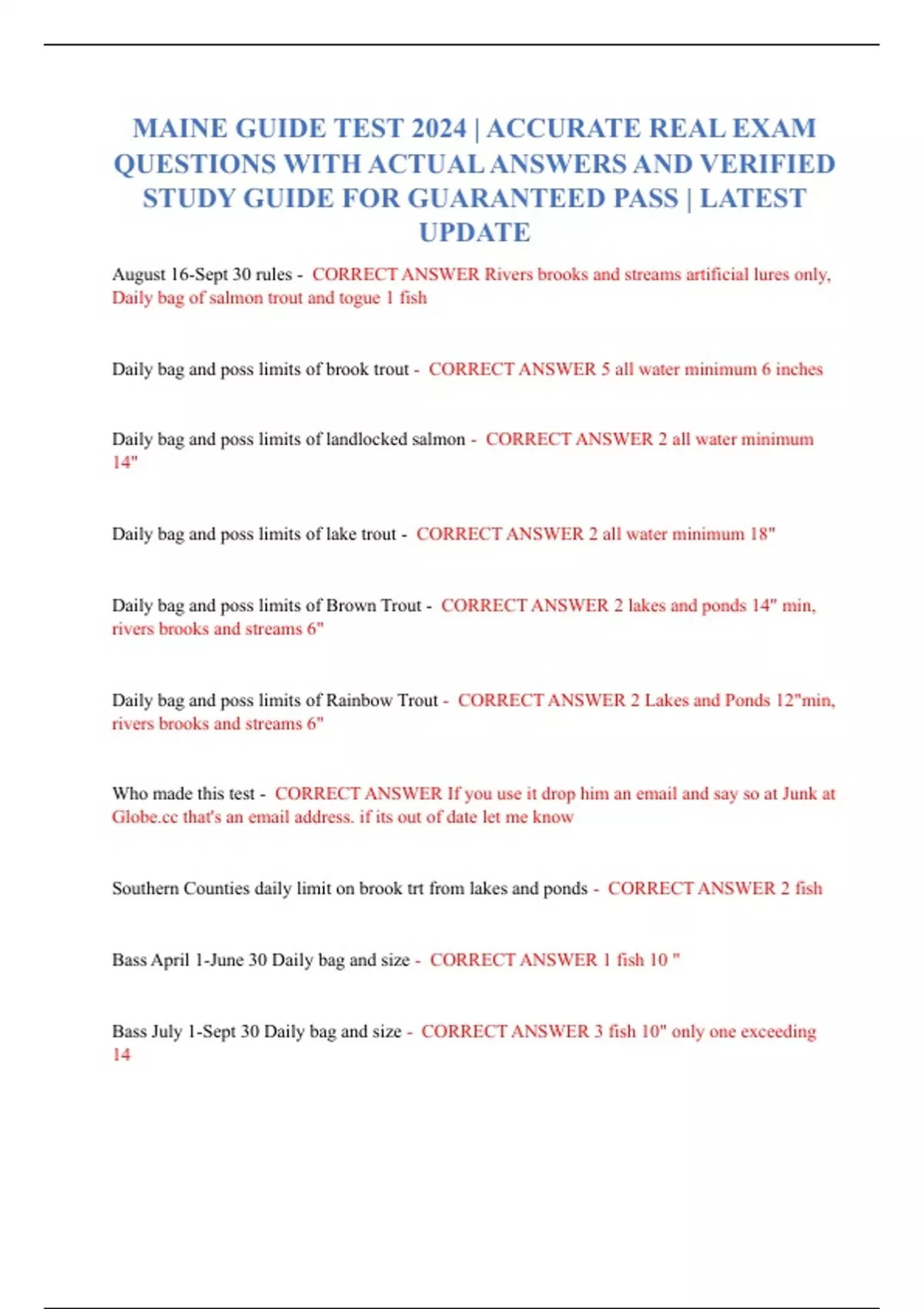 MAINE GUIDE TEST 2024 | ACCURATE REAL EXAM QUESTIONS WITH ACTUAL ...