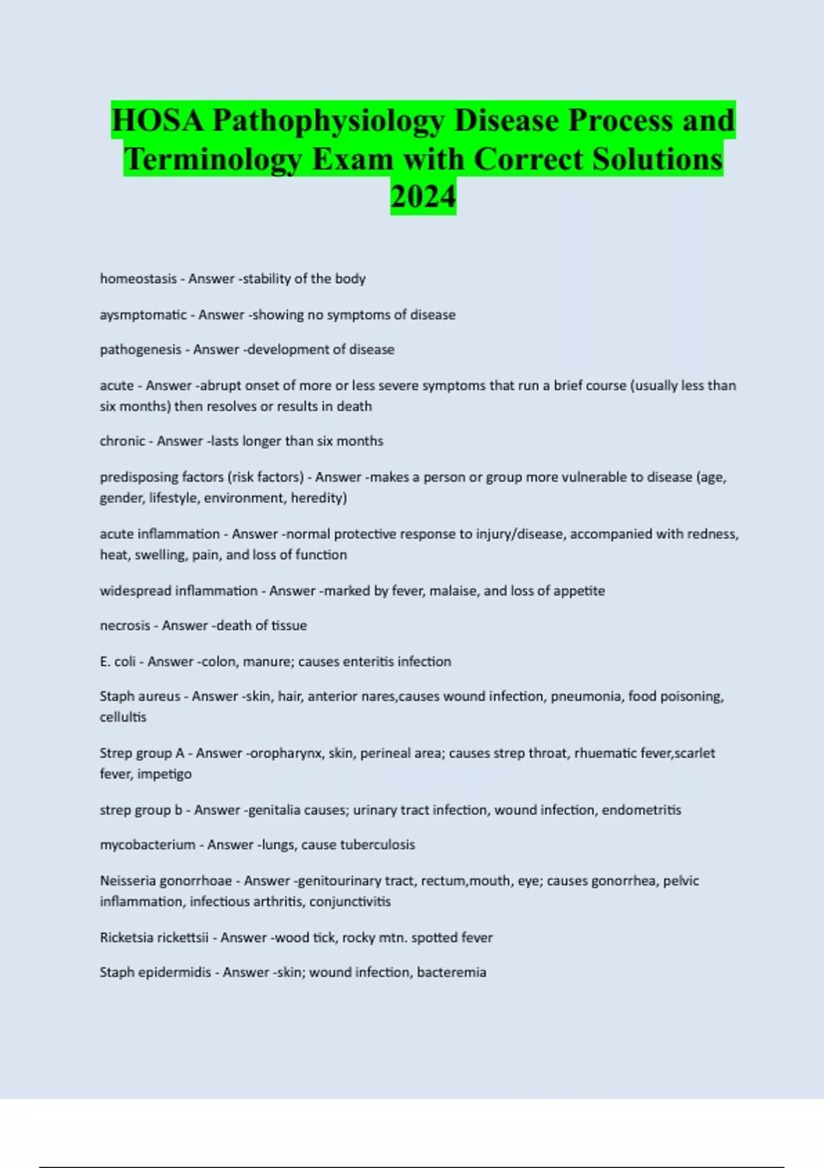 HOSA Pathophysiology Disease Process and Terminology Exam with Correct ...