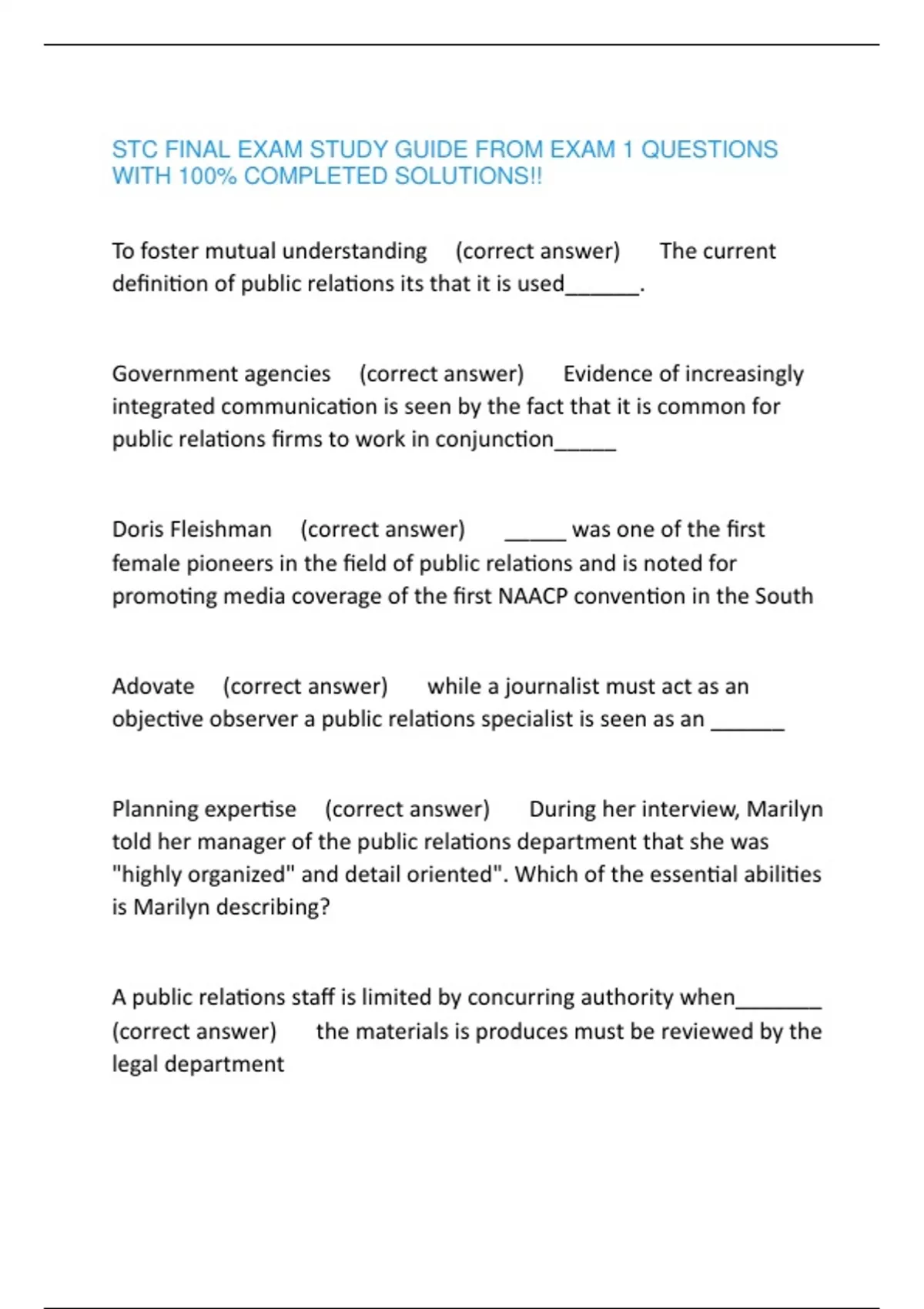 STC FINAL EXAM STUDY GUIDE FROM EXAM 1 QUESTIONS WITH 100% COMPLETED SOLUTIONS!! - STC - Stuvia US