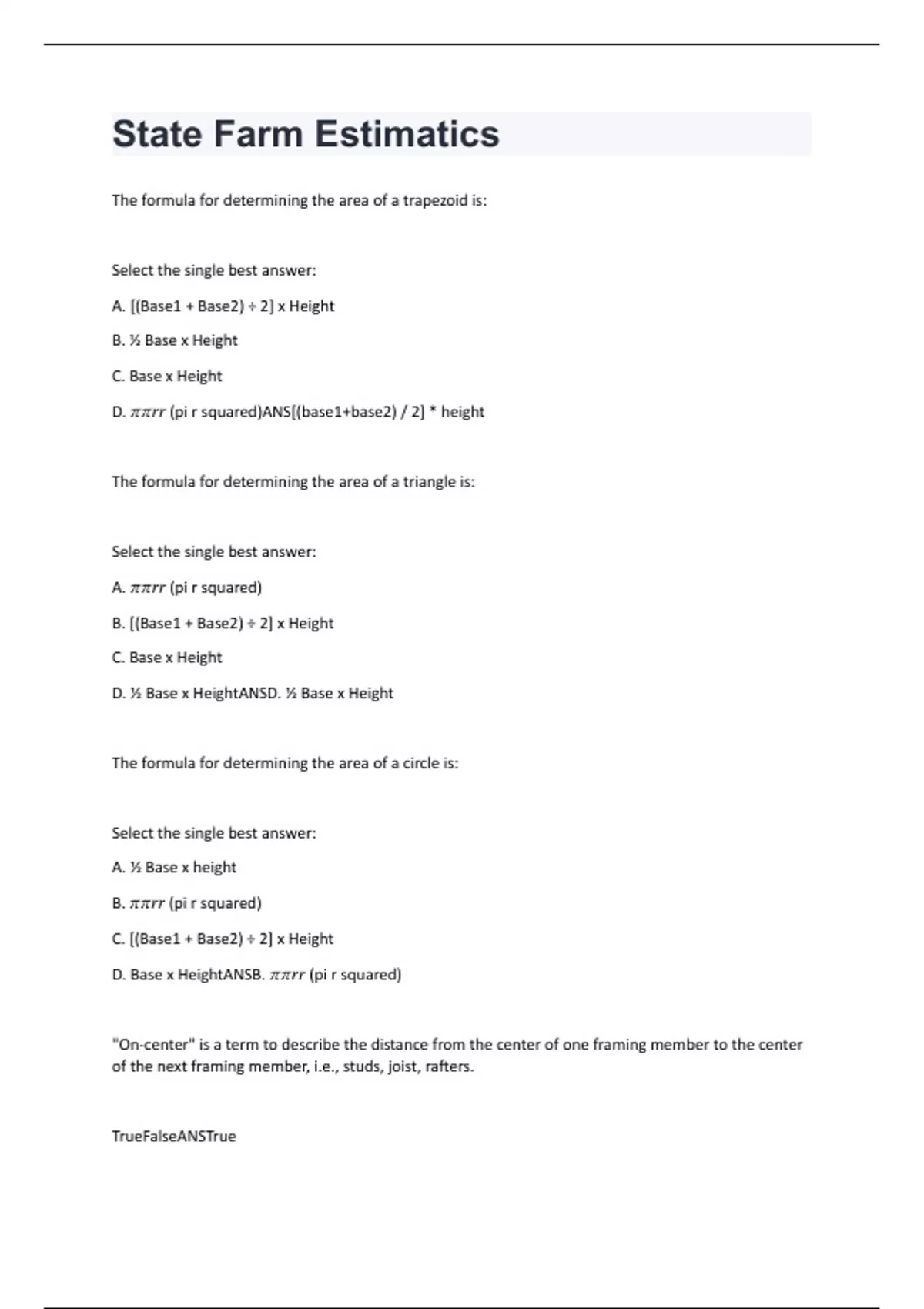 State Farm Estimatics Exam Questions And Answers (GRADED A+) - State ...