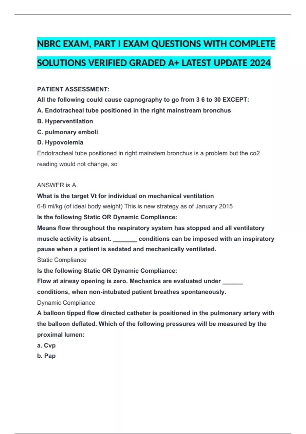 NBRC EXAM, PART I EXAM QUESTIONS WITH COMPLETE SOLUTIONS VERIFIED ...