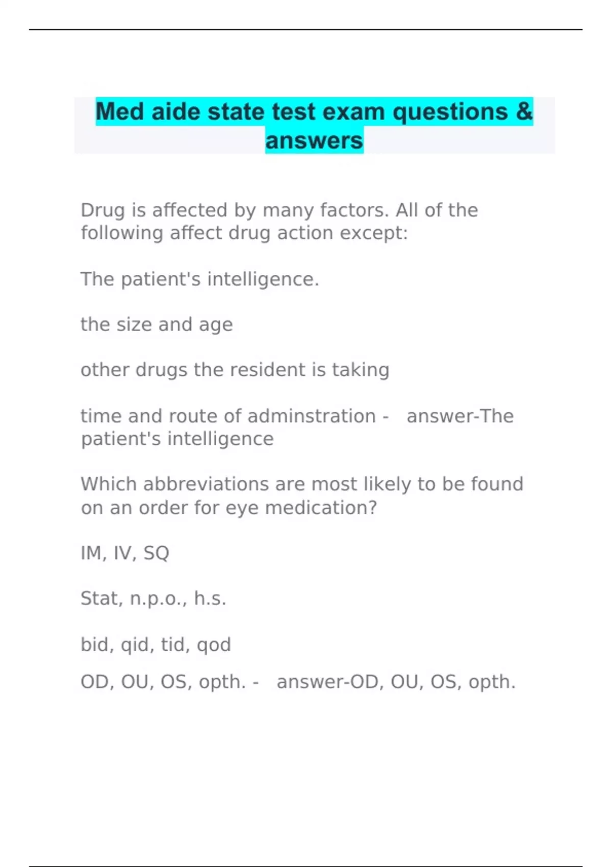 medication aide Test 2024 Questions & Correct Answers (A Graded 100% ...