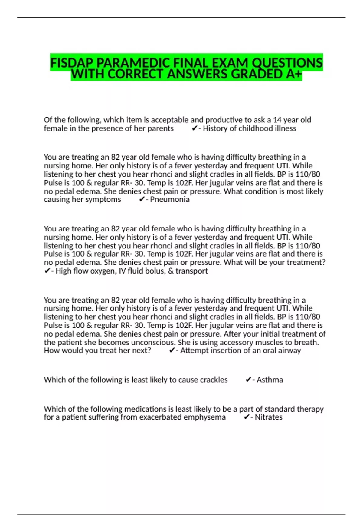FISDAP PARAMEDIC FINAL EXAM QUESTIONS WITH CORRECT ANSWERS GRADED A+ ...