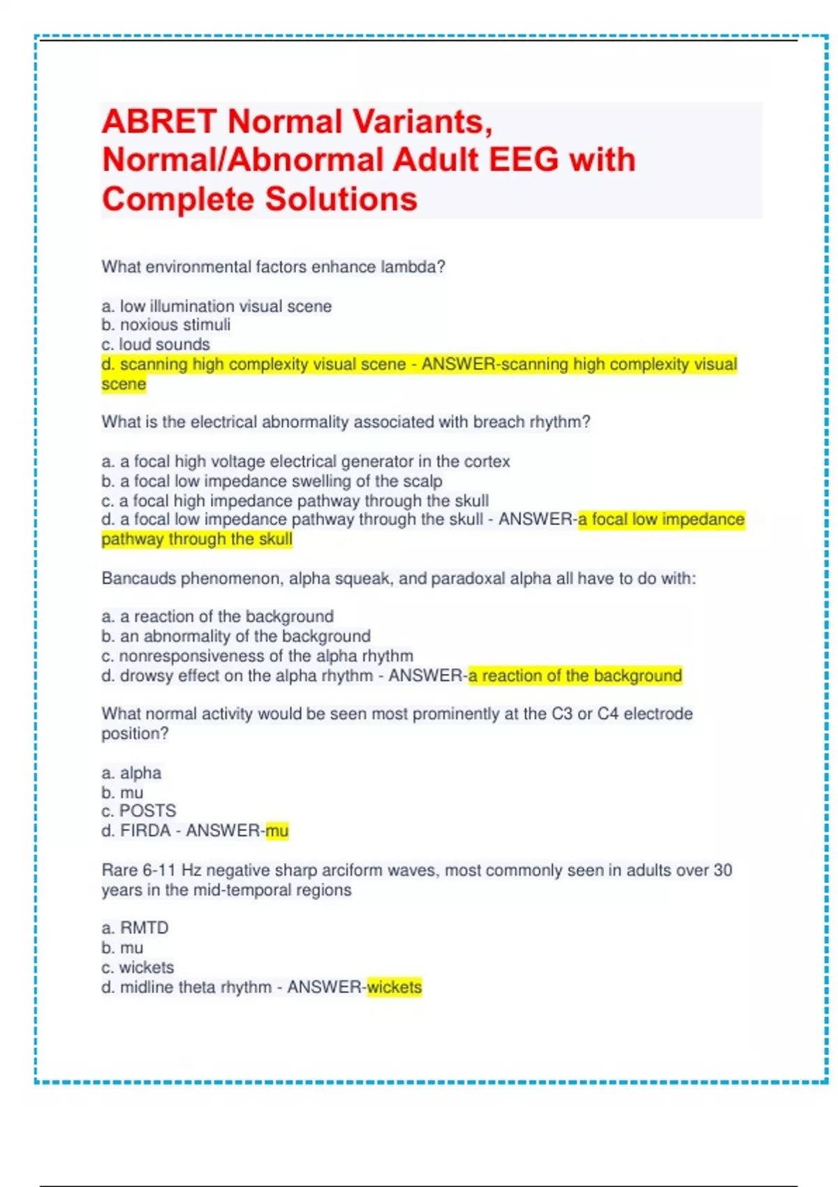 ABRET Normal Variants, Normal/Abnormal Adult EEG Questions With Solved ...