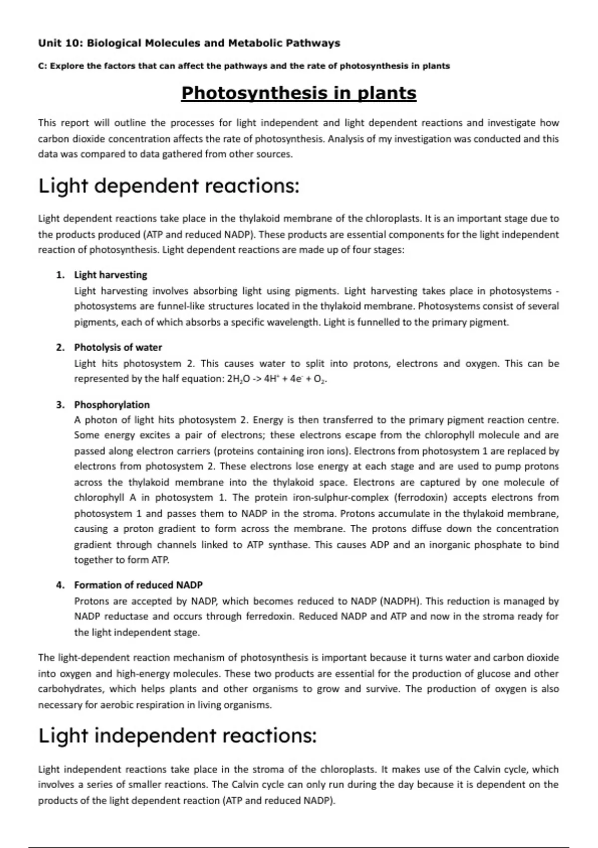 Btec Applied Science Unit 10c Photosynthesis In Plants Distinction Unit 10 Biological