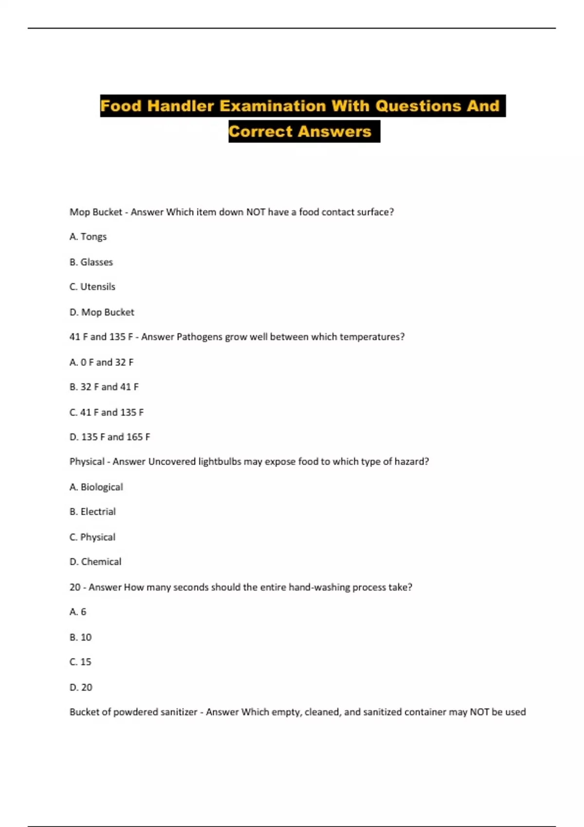 Food Handler Examination With Questions And Correct Answers - Food ...