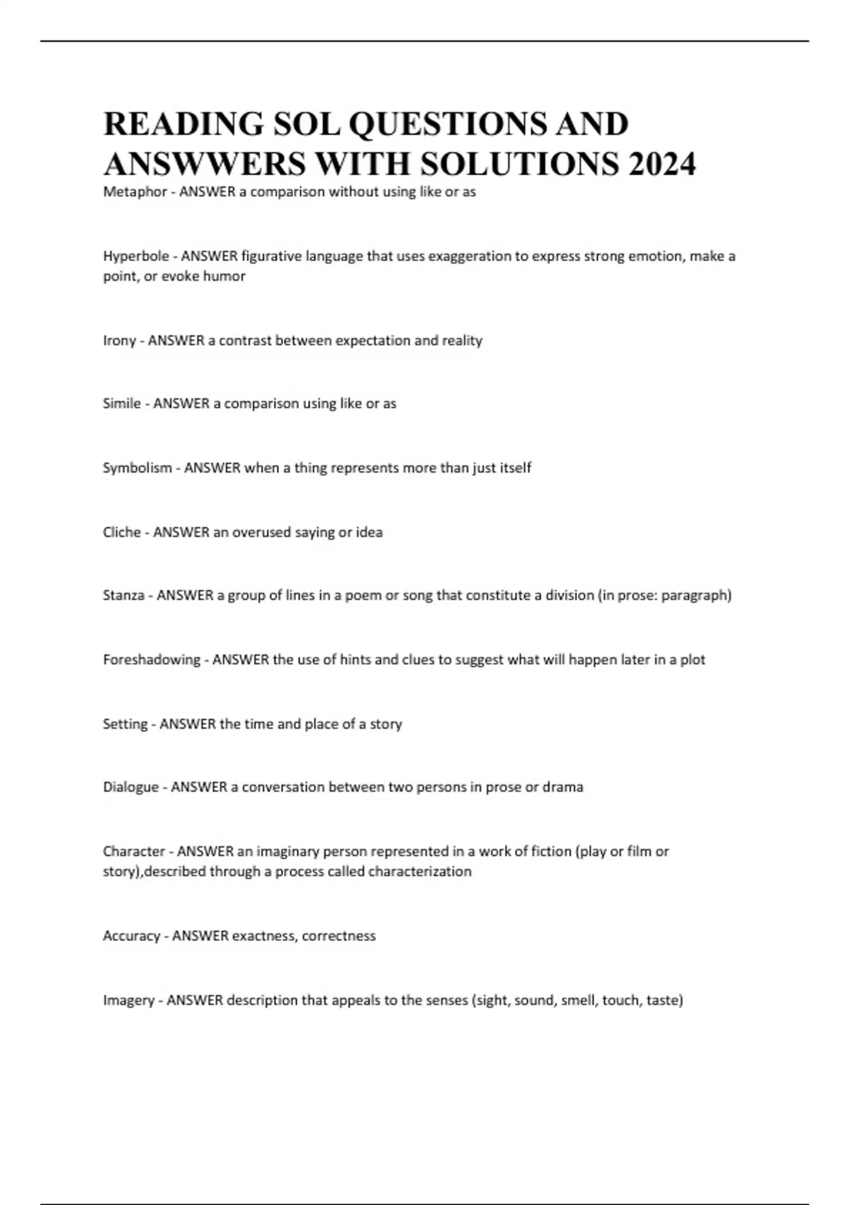 READING SOL QUESTIONS AND ANSWWERS WITH SOLUTIONS 2024 - SOL - Stuvia US