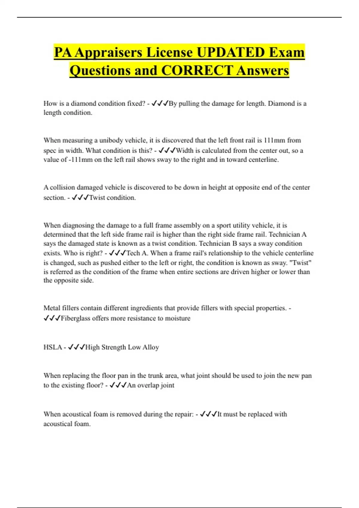 PA Appraisers License UPDATED Exam Questions and CORRECT Answers - PA ...