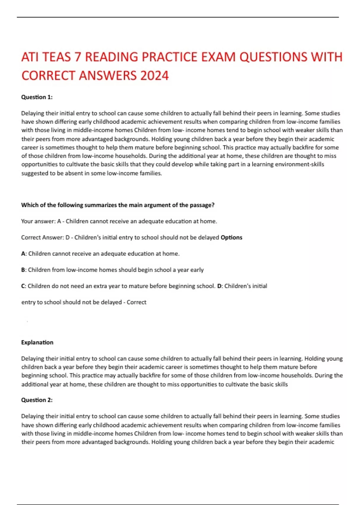 ATI TEAS 7 READING PRACTICE EXAM QUESTIONS WITH CORRECT ANSWERS 2024 ...