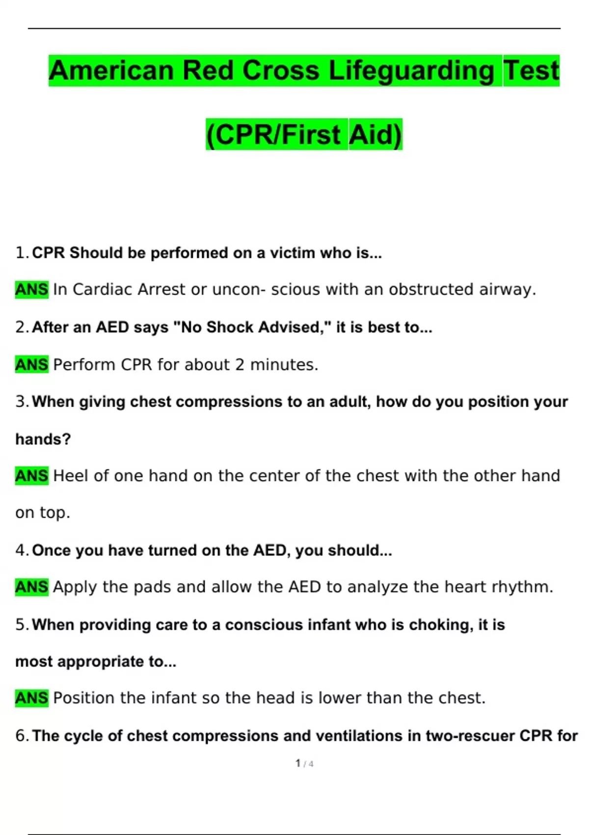 American Red Cross Lifeguarding Test (CPR-First Aid) Questions with 100 ...