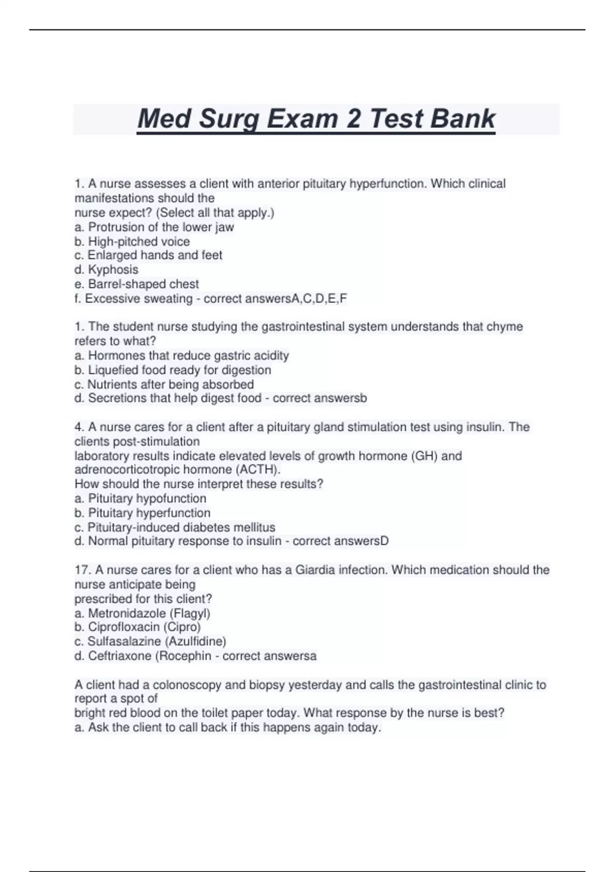 Med Surg Exam 2 Test Bank - Med surg - Stuvia US