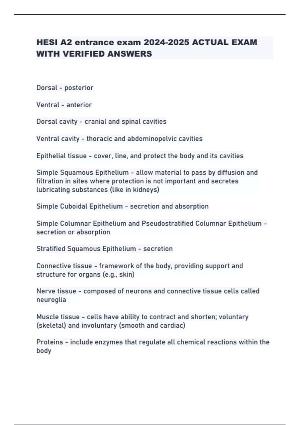 HESI A2 entrance exam ACTUAL EXAM WITH VERIFIED ANSWERS Dorsal ...