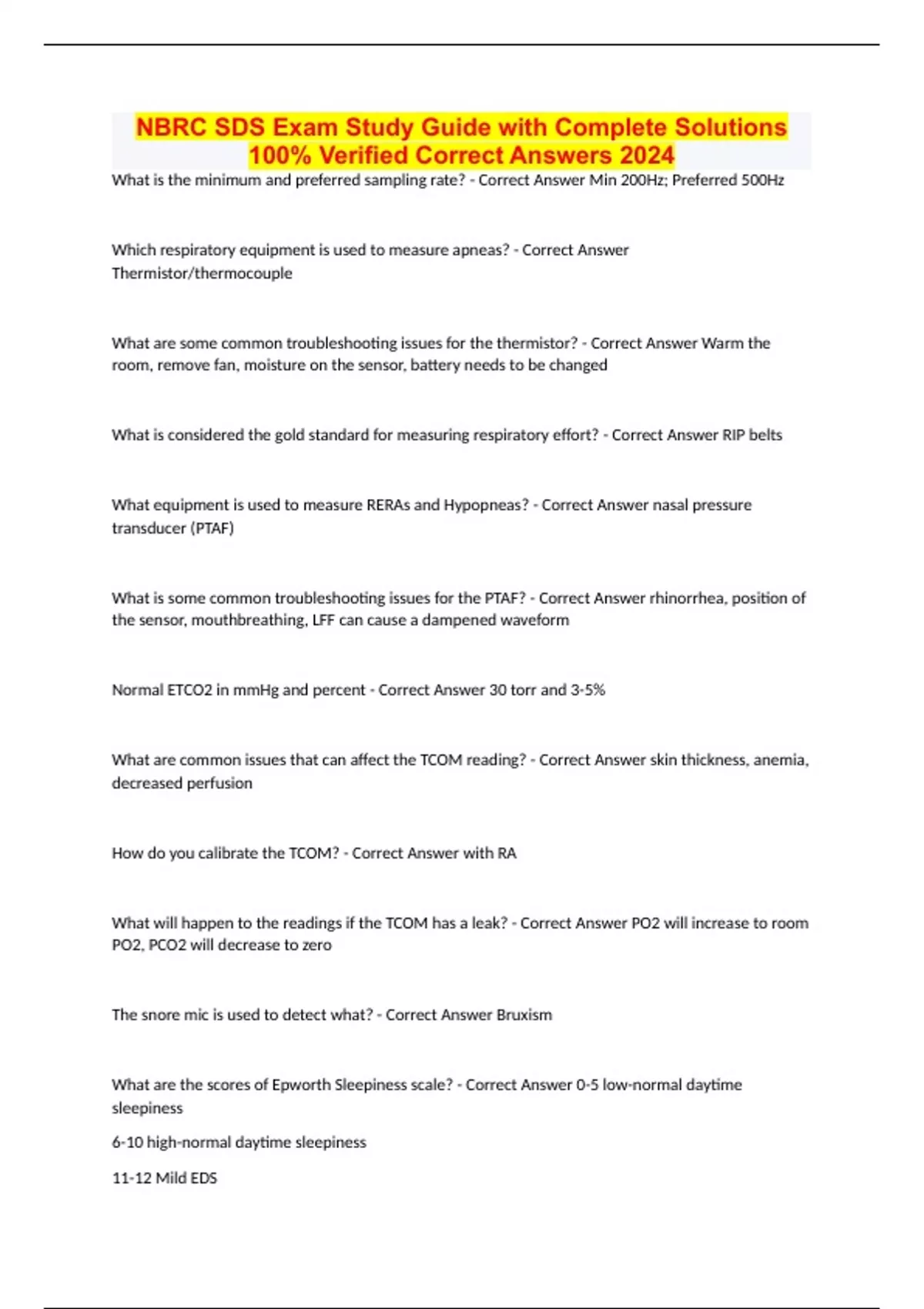 NBRC SDS Exam Study Guide with Complete Solutions 100% Verified Correct ...