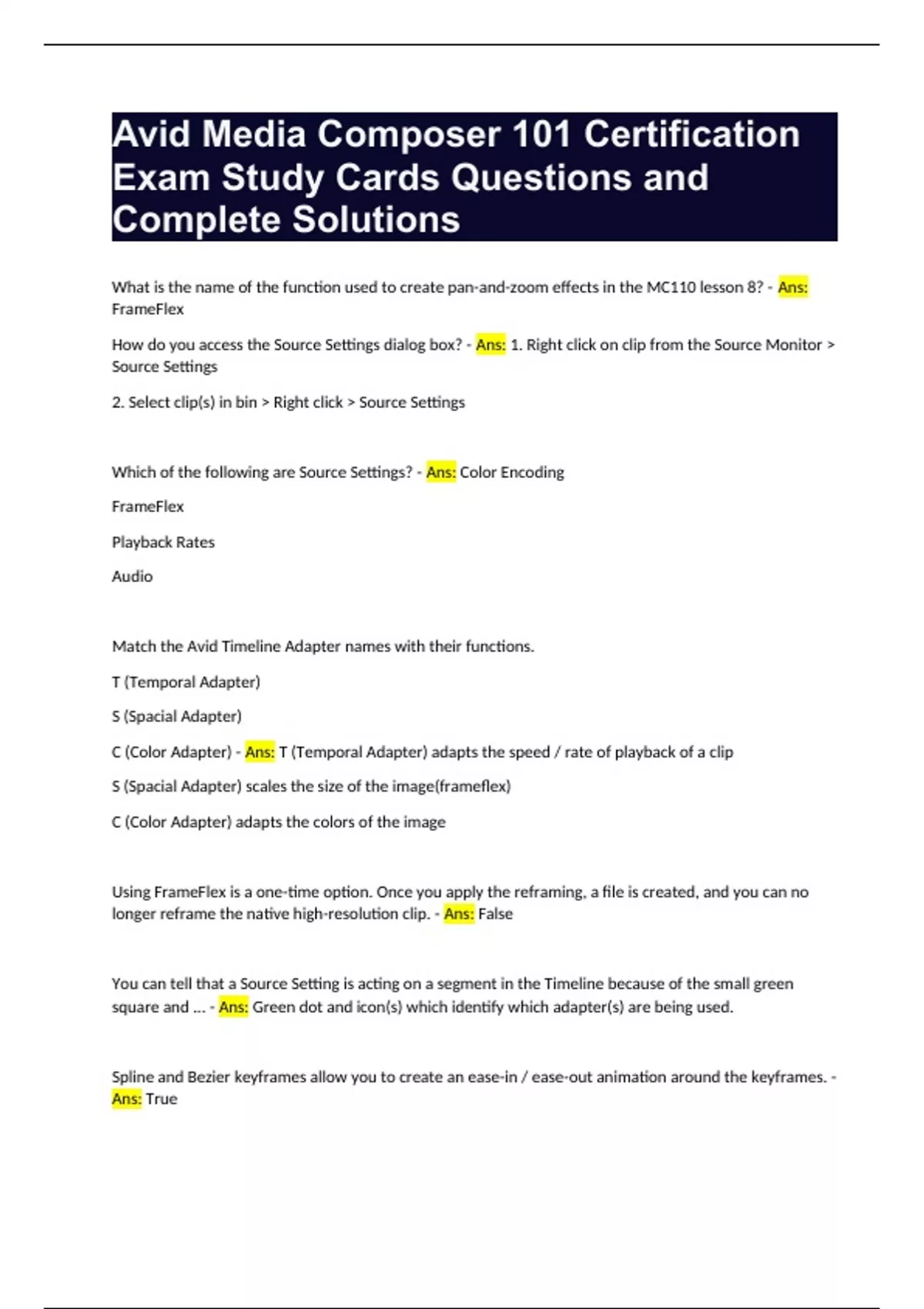 Avid Media Composer 101 Certification Exam Study Cards Questions and ...