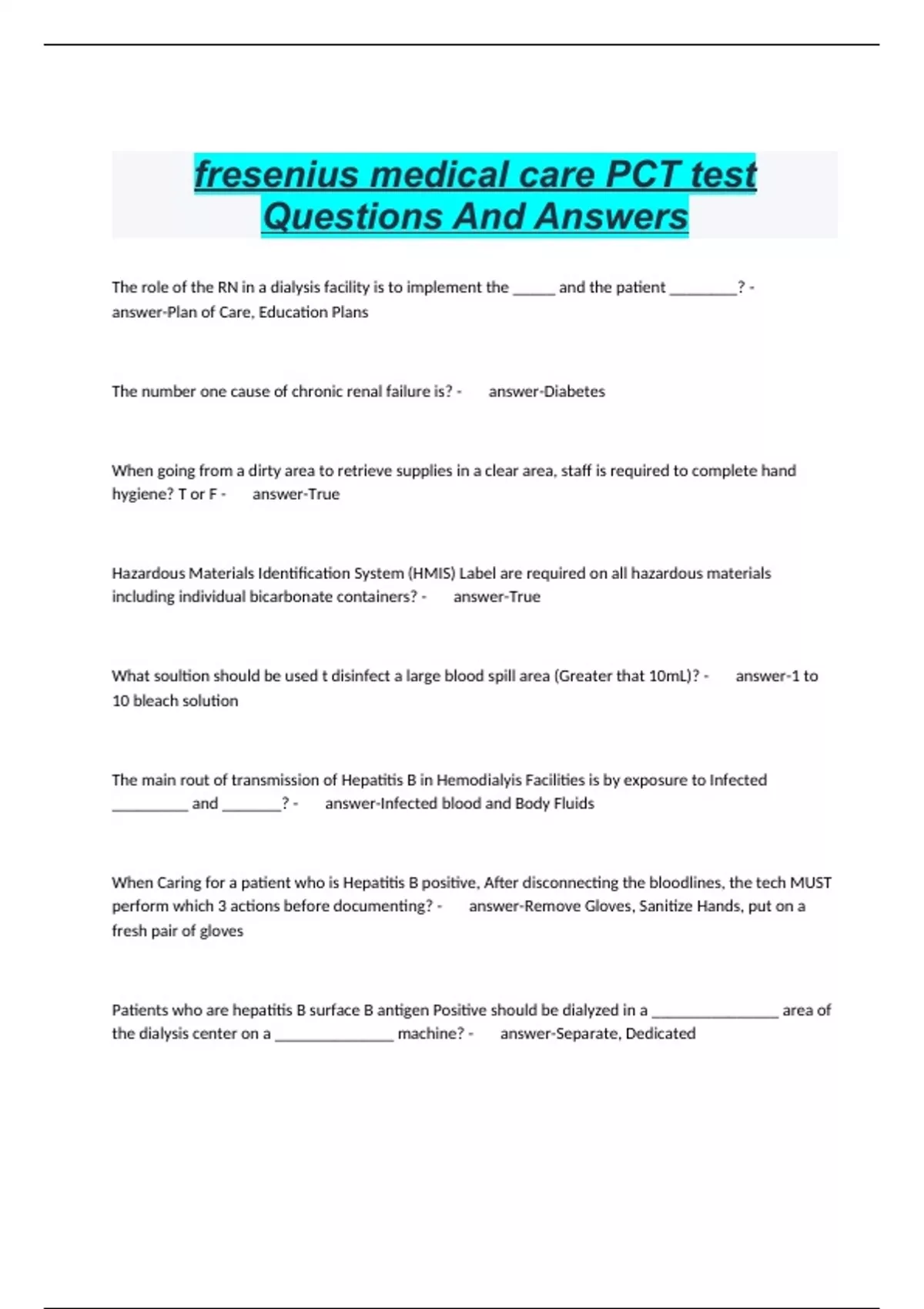 fresenius medical care PCT test Questions And Answers - Fresenius PCT ...