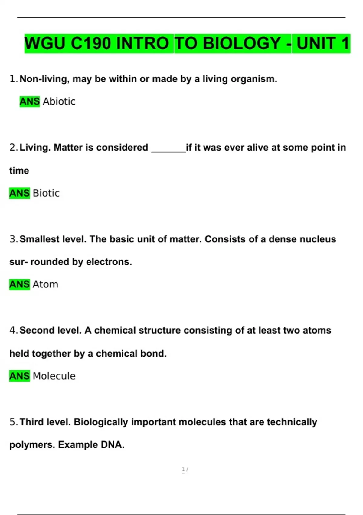 WGU C190 Intro to Biology - Unit 1 Questions with 100% Correct Answers ...