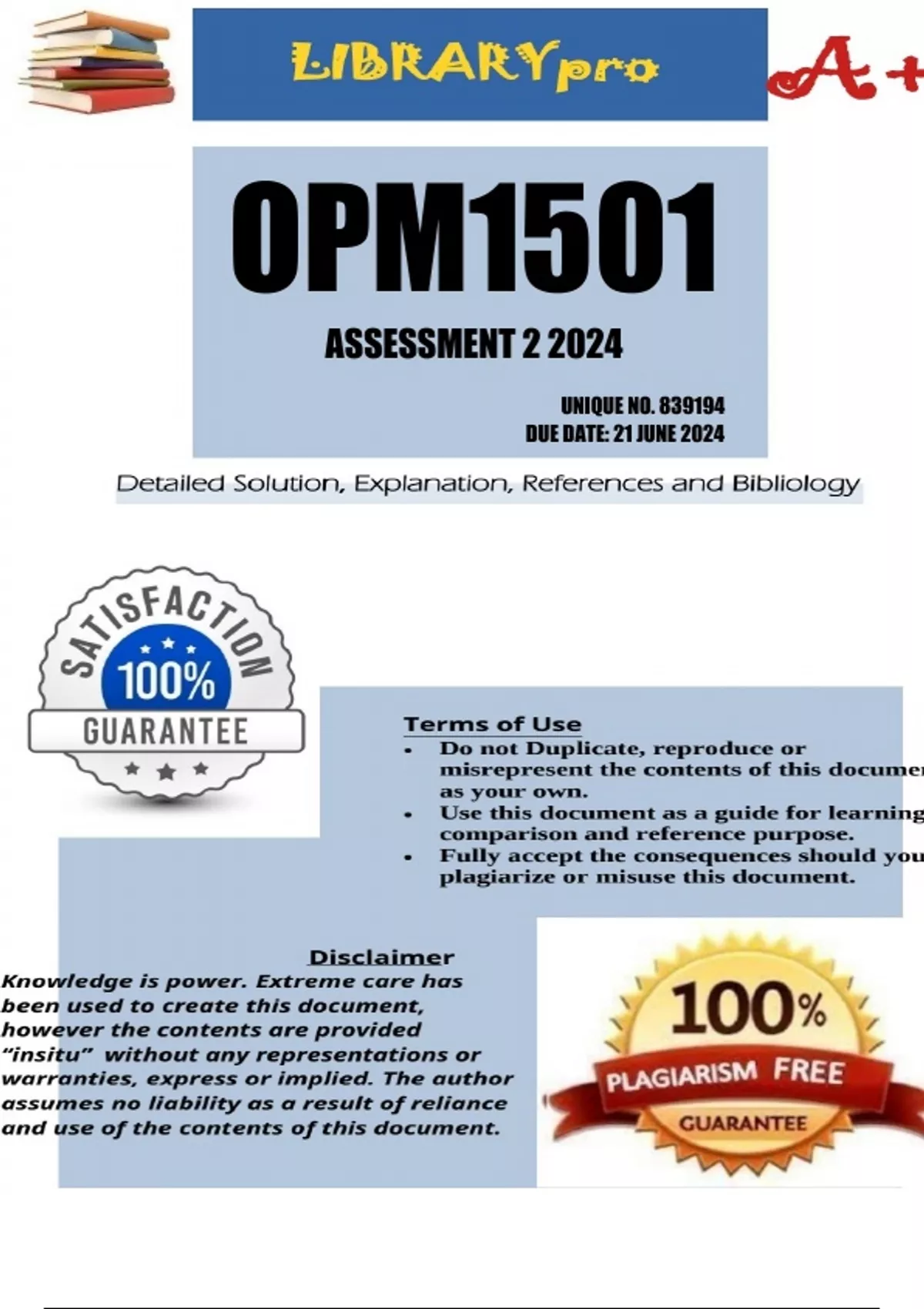 OPM1501 Assignment 2 (COMPLETE ANSWERS) 2024 (839194) – DUE 21 June ...