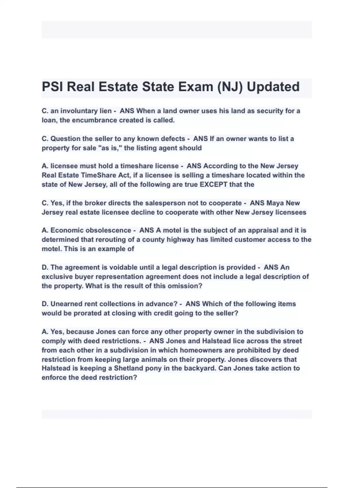 PSI Real Estate State Exam (NJ) Updated Questions with correct Answers ...