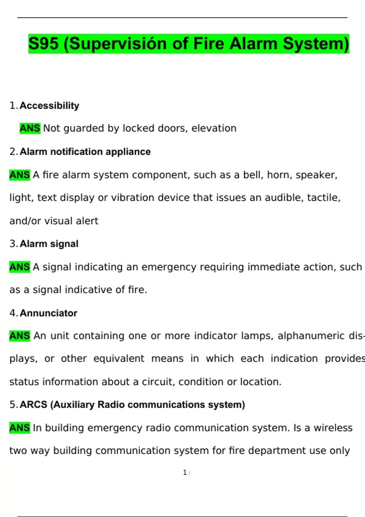 S95 Personal (Supervisión of Fire Alarm System) 2025 Questions with 100 ...