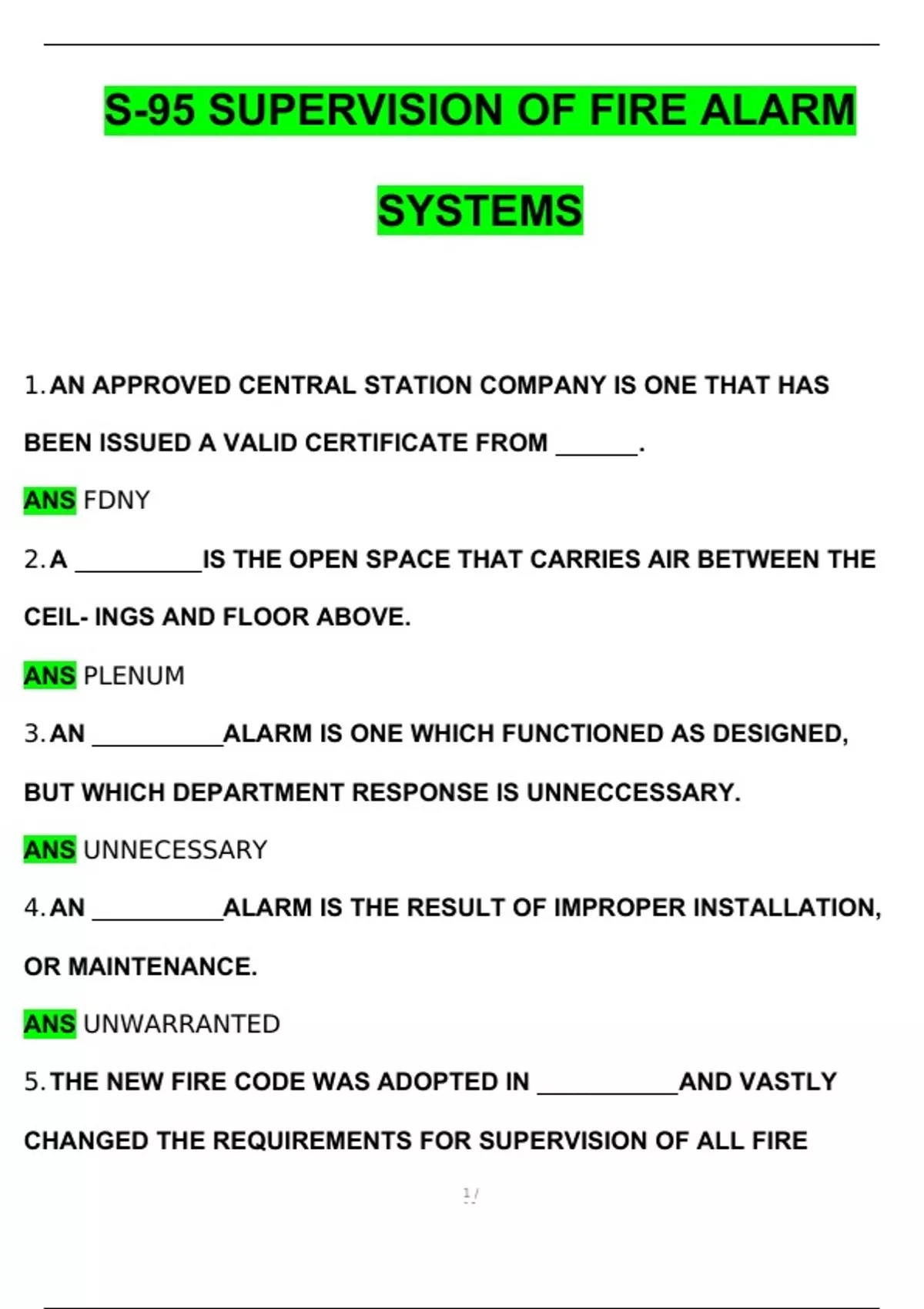 S-95 SUPERVISION OF FIRE ALARM SYSTEMS Questions with 100% Correct ...
