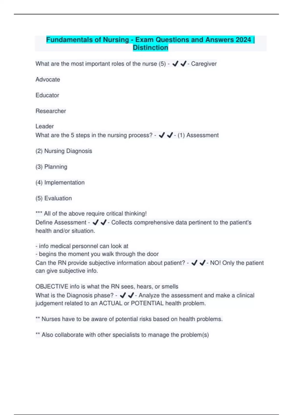 Fundamentals of Nursing - Exam Questions and Answers 2024 | Distinction ...