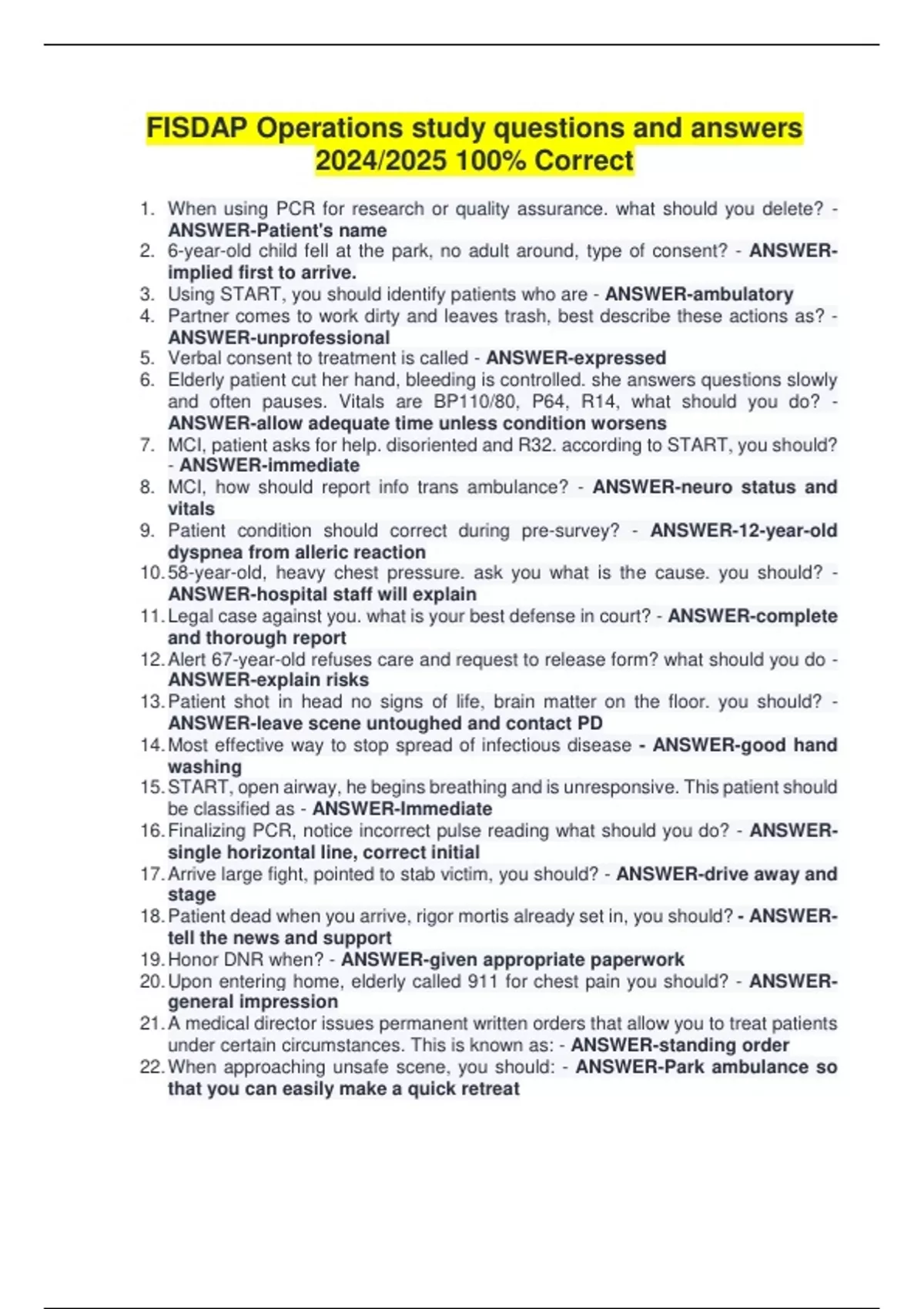 FISDAP Operations study questions and answers 2024/2025 100% Correct - FISDAP - Stuvia US