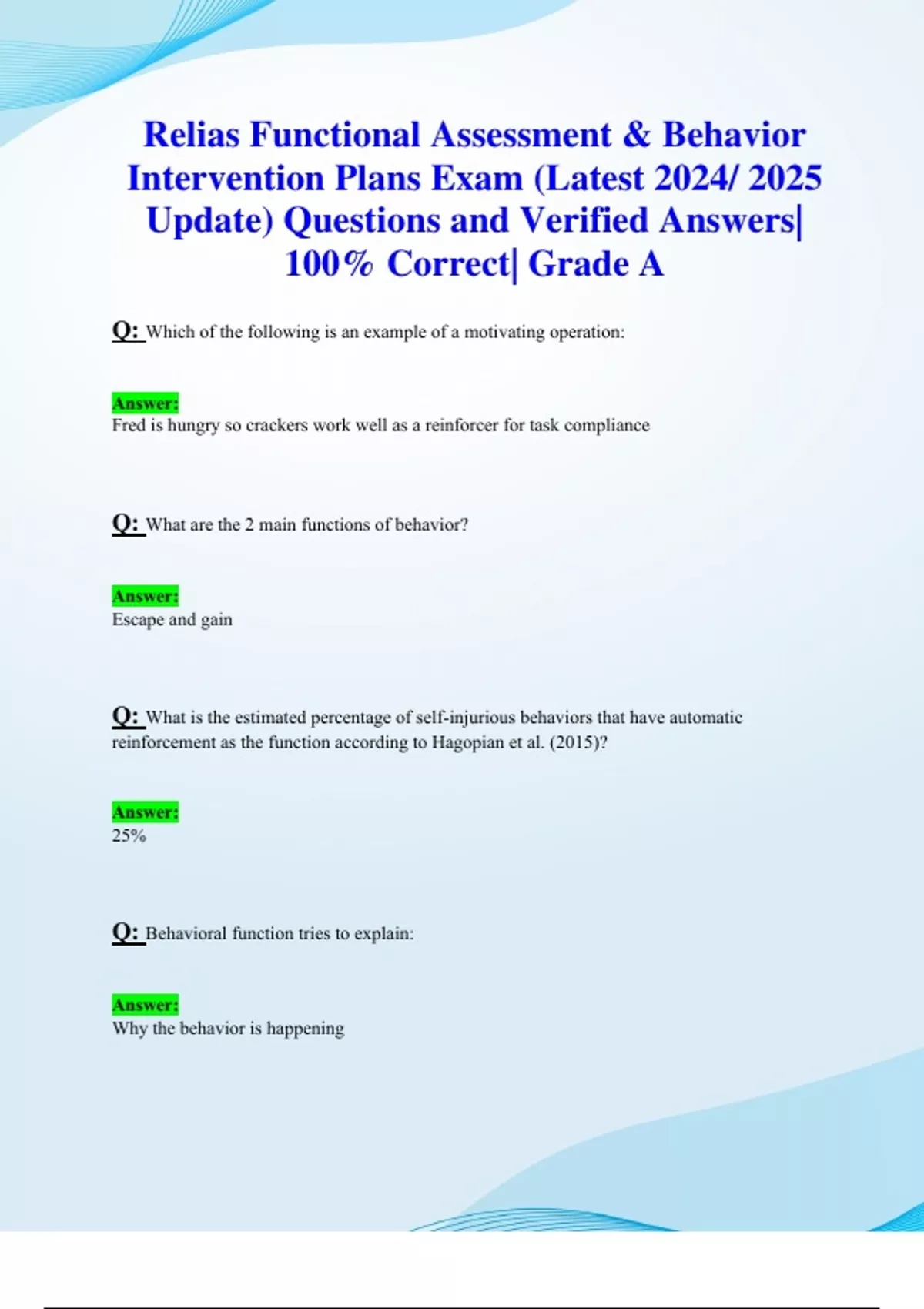Relias Functional Assessment & Behavior Intervention Plans Exam (Latest ...