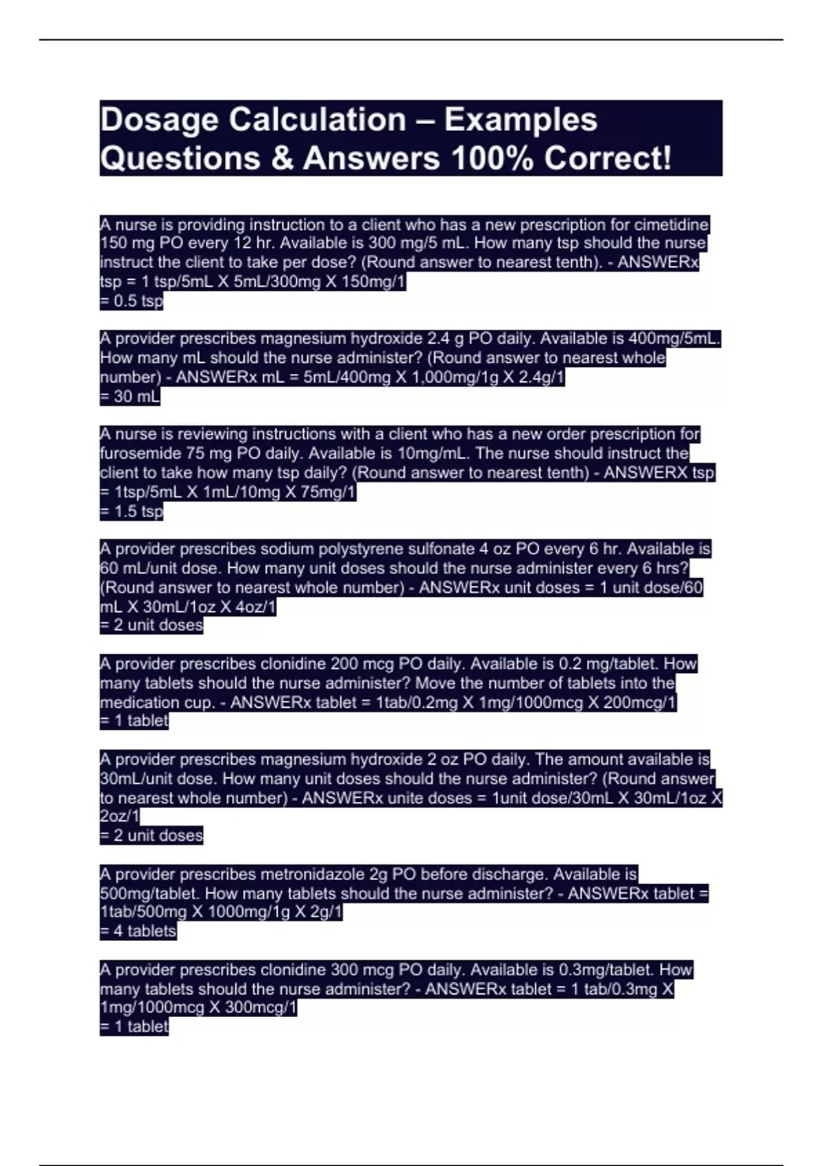 Dosage Calculation – Examples Questions & Answers 100% Correct ...