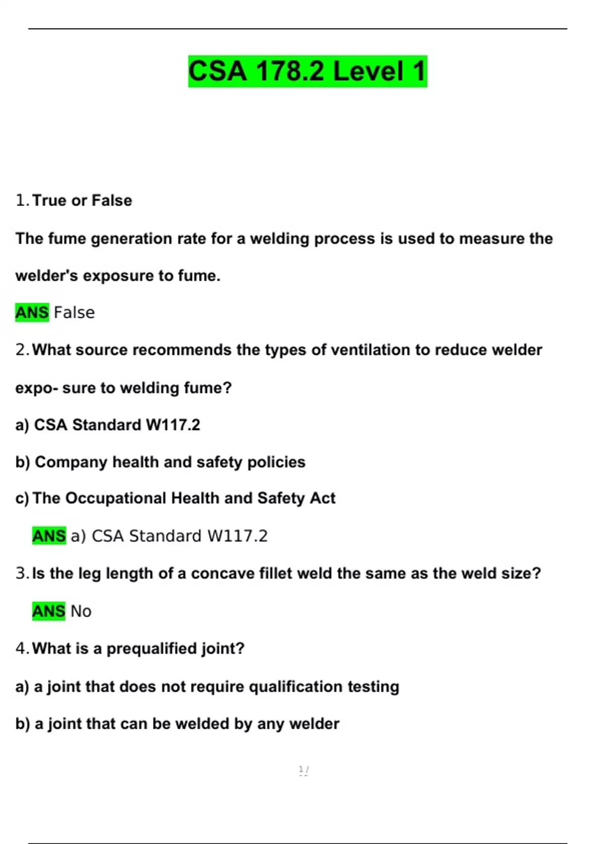 CSA 178.2 Level 1 Exam 2025 Questions with 100% Correct Answers ...