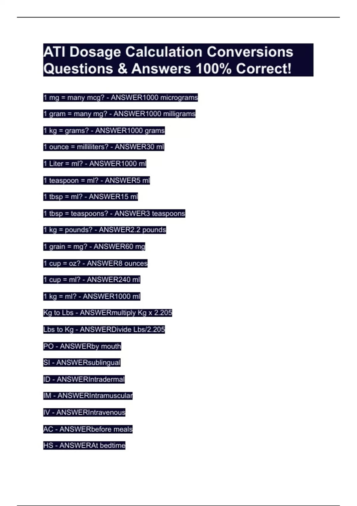 ATI Dosage Calculation Conversions Questions & Answers 100% Correct ...