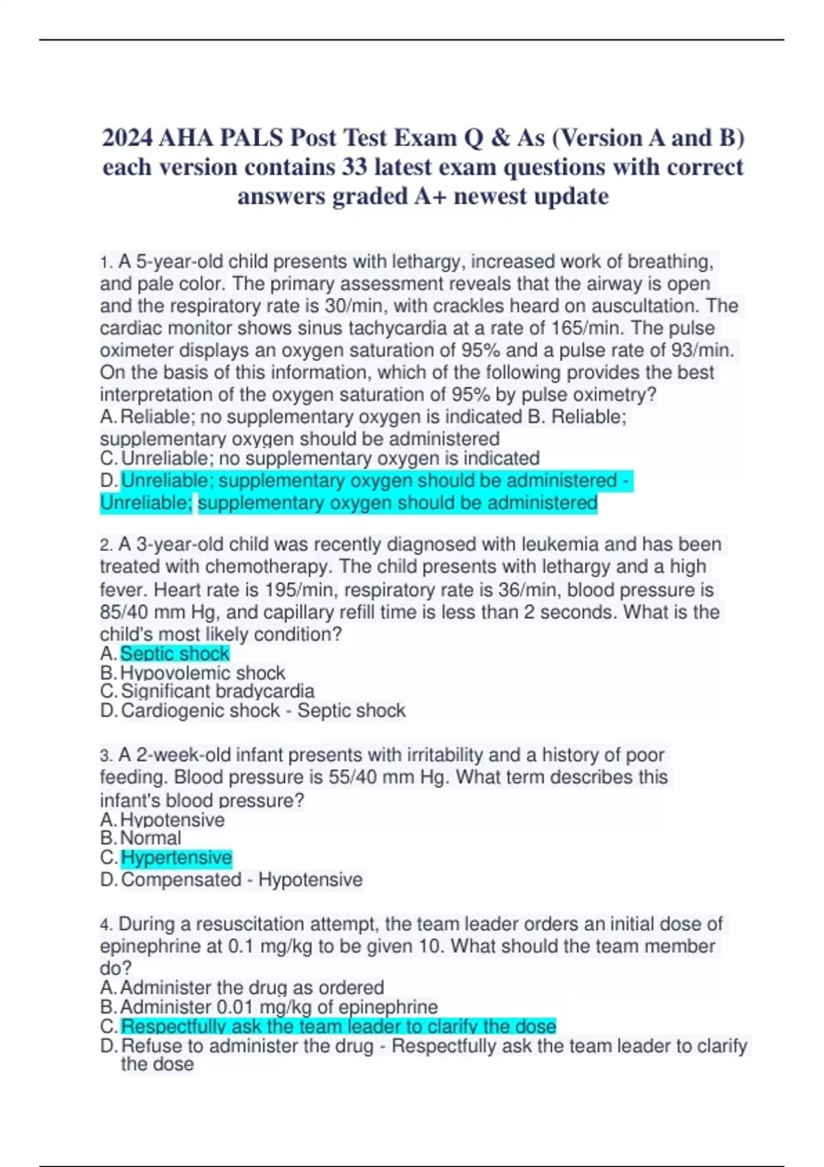 2024 AHA PALS Post Test Exam Q & As (Version A and B) each version ...