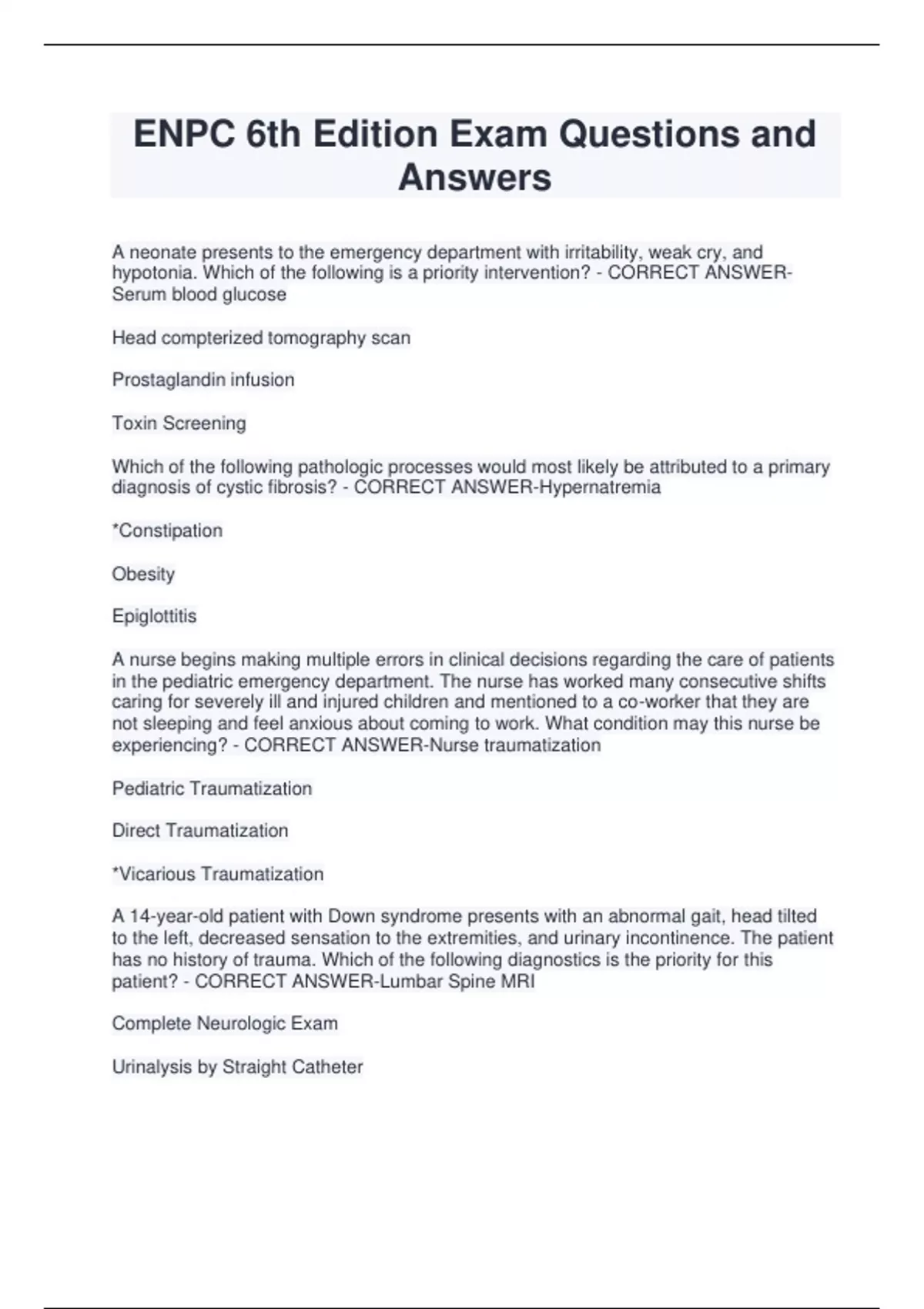 ENPC 6th Edition Exam Questions and Answers - ENPC - Stuvia US