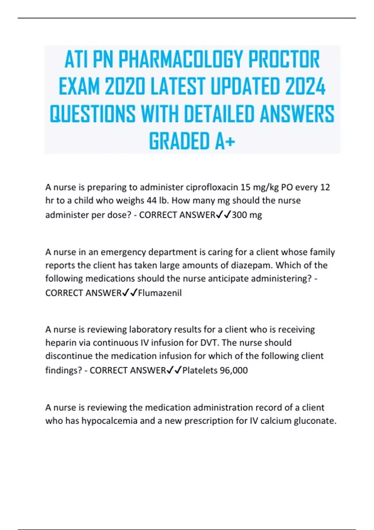 ATI PN PHARMACOLOGY PROCTOR EXAM 2020 LATEST UPDATED 2024 QUESTIONS ...