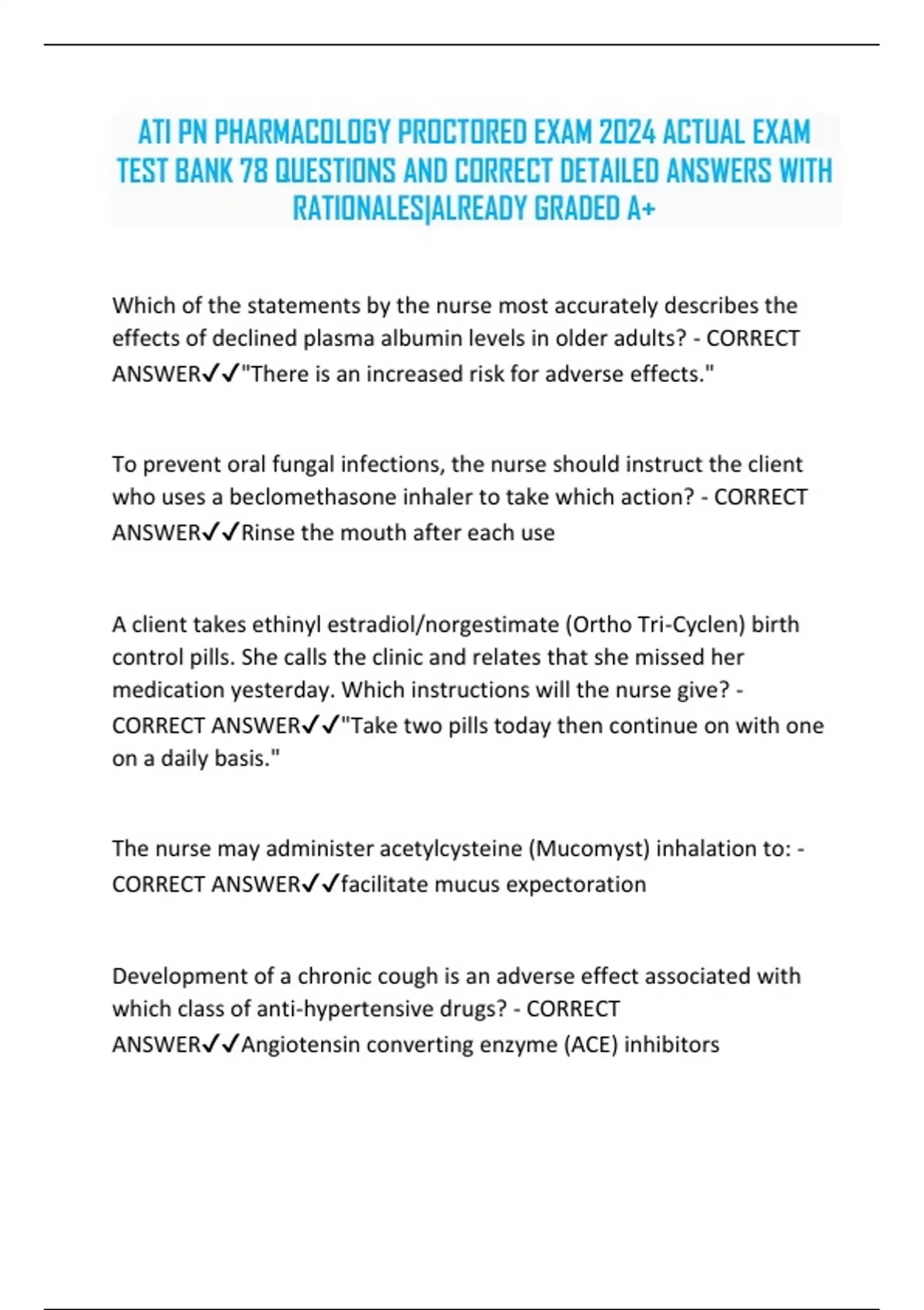 ATI PN PHARMACOLOGY PROCTORED EXAM 2024 ACTUAL EXAM TEST BANK 78 ...