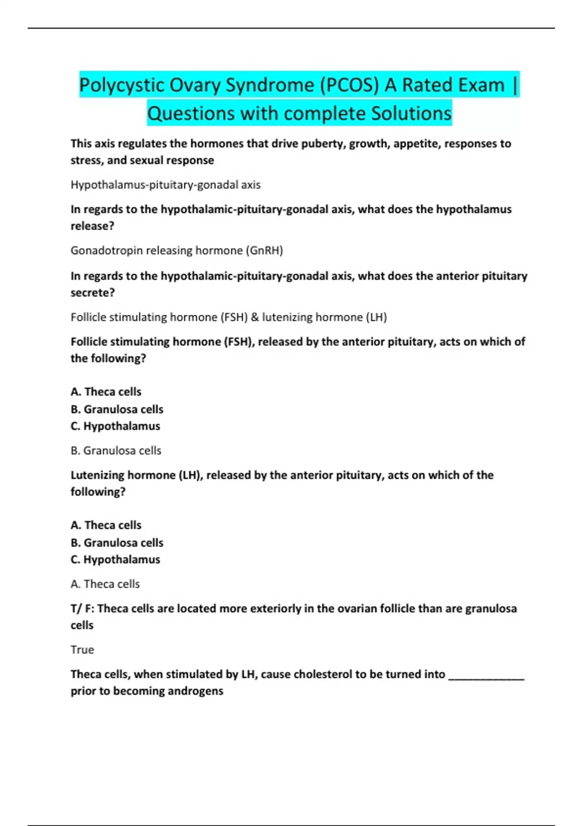 Polycystic Ovary Syndrome (PCOS) A Rated Exam | Questions with complete ...