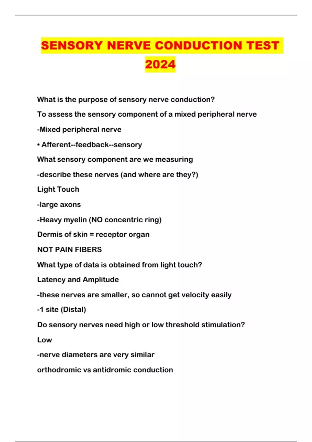 SENSORY NERVE CONDUCTION TEST 2024 - SENSORY NERVE CONDUCTION - Stuvia US