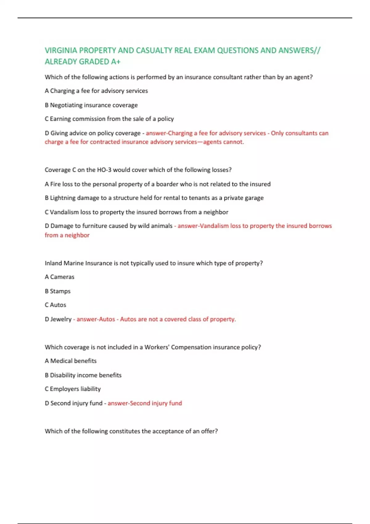 VIRGINIA PROPERTY AND CASUALTY REAL EXAM QUESTIONS AND ANSWERS ...