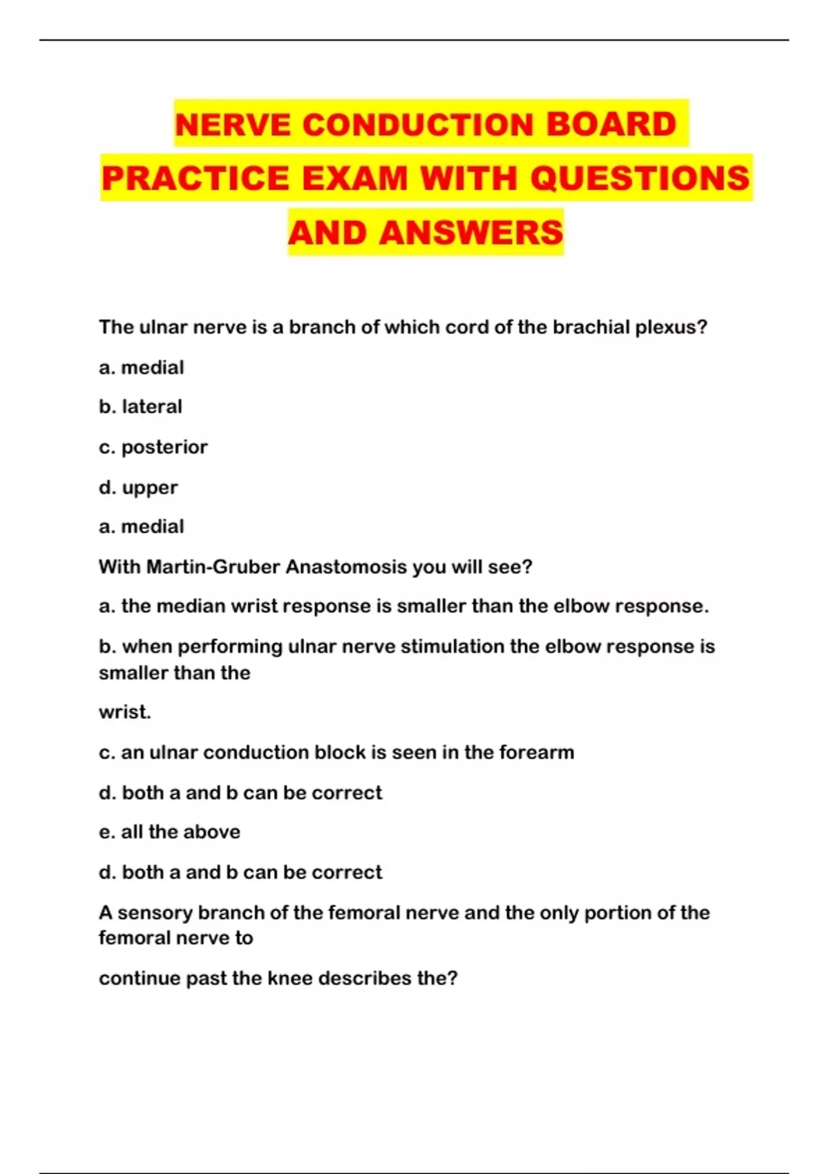 NERVE CONDUCTION BOARD PRACTICE EXAM WITH QUESTIONS AND ANSWERS - NERVE ...