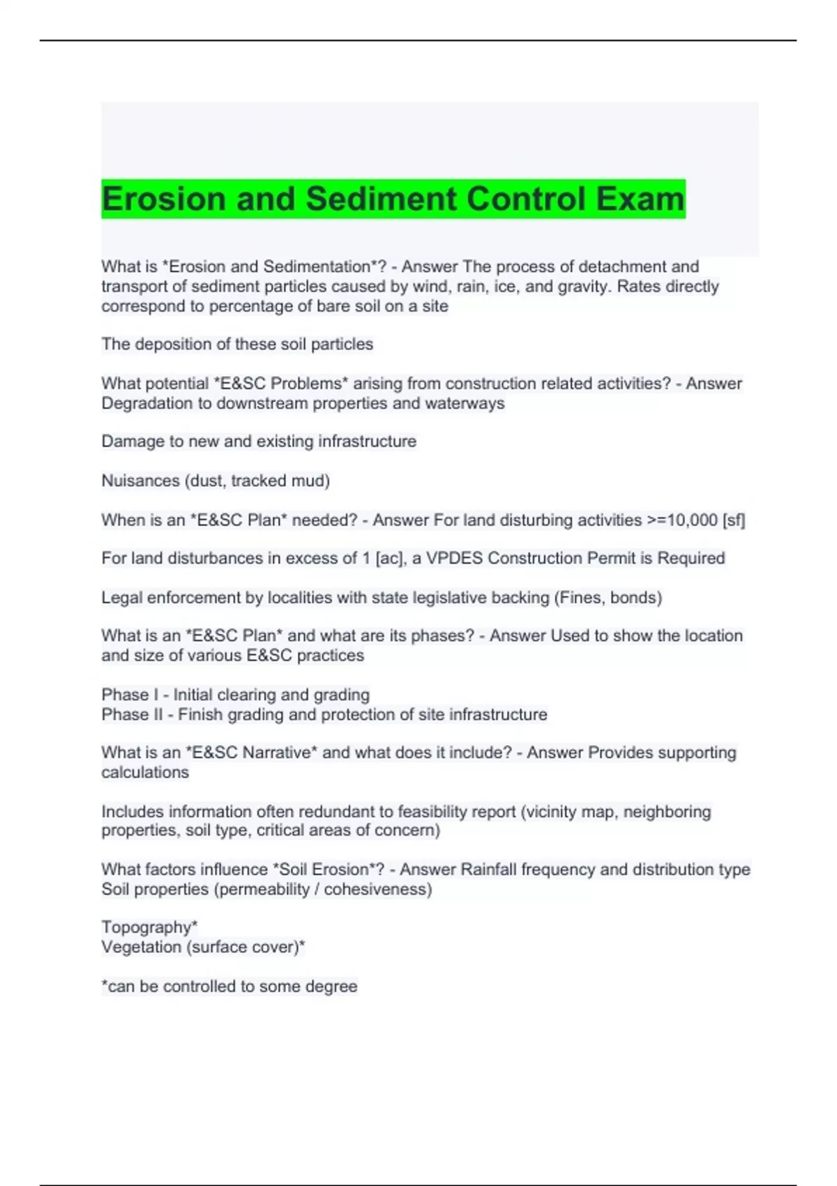 Erosion and Sediment Control Exam with 100% complete solutions ...