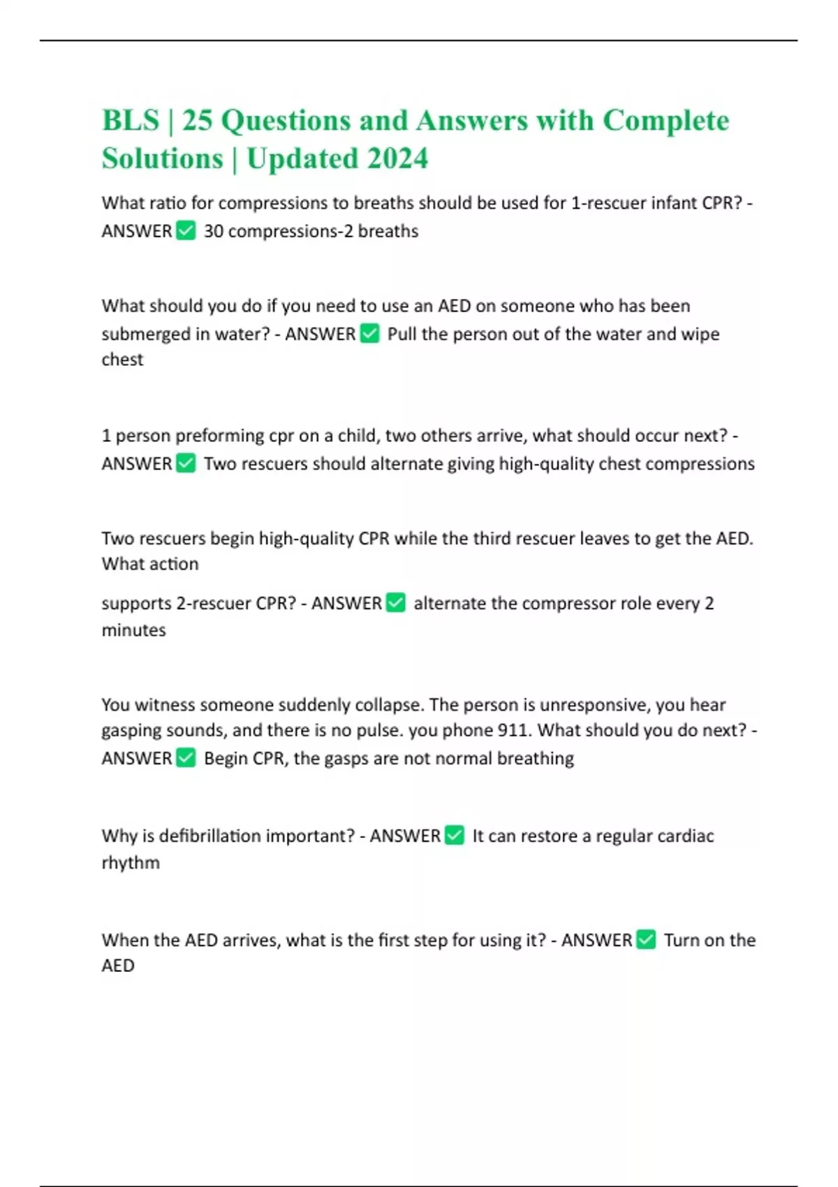 BLS | 25 Questions and Answers with Complete Solutions | Updated 2024 ...