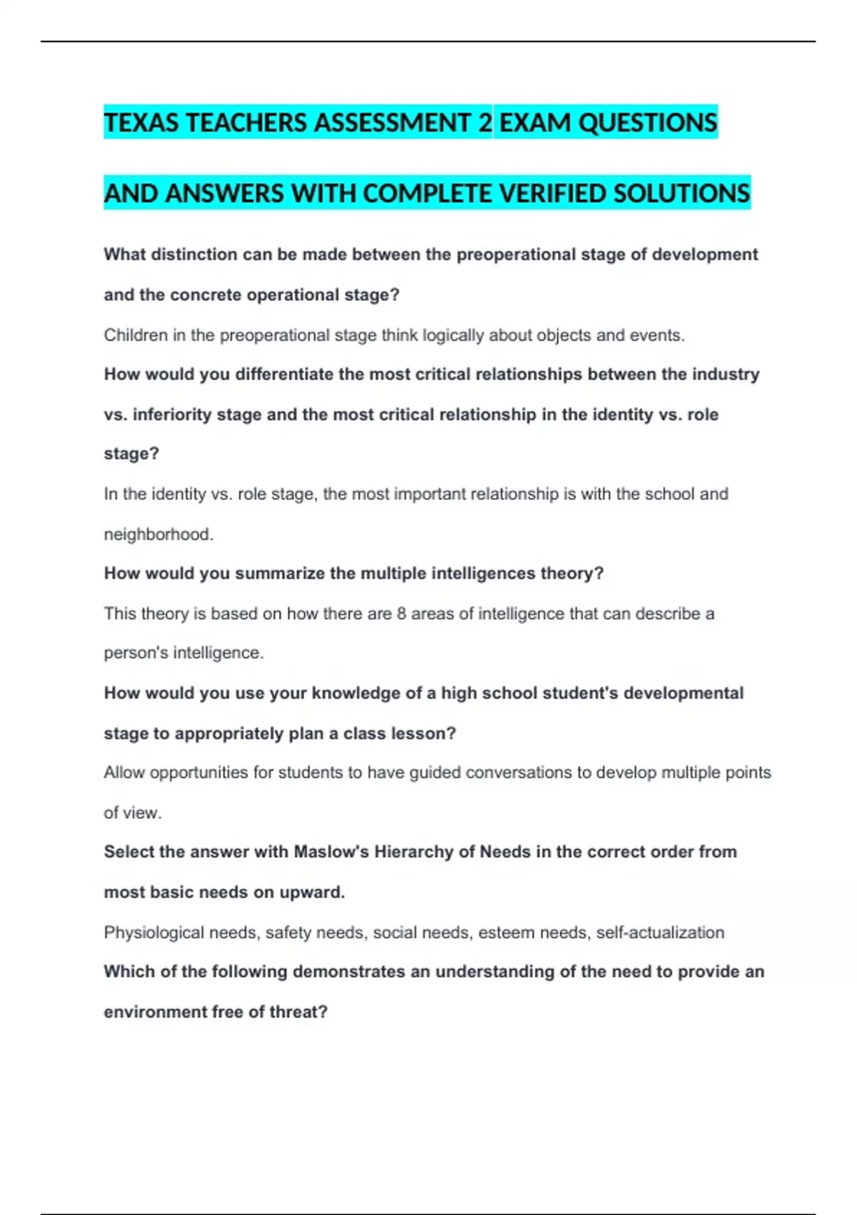 TEXAS TEACHERS ASSESSMENT 2 EXAM QUESTIONS AND ANSWERS WITH COMPLETE ...