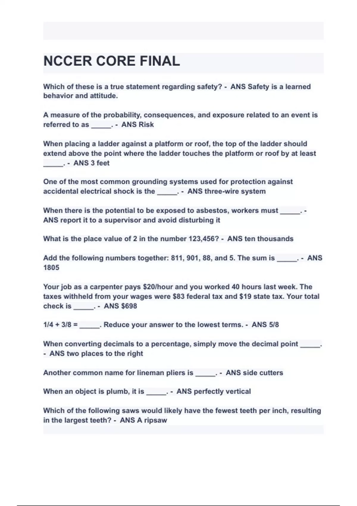 NCCER CORE FINAL EXAM QUESTIONS WITH CORRECT ANSWERS 2024/2025( A+ ...