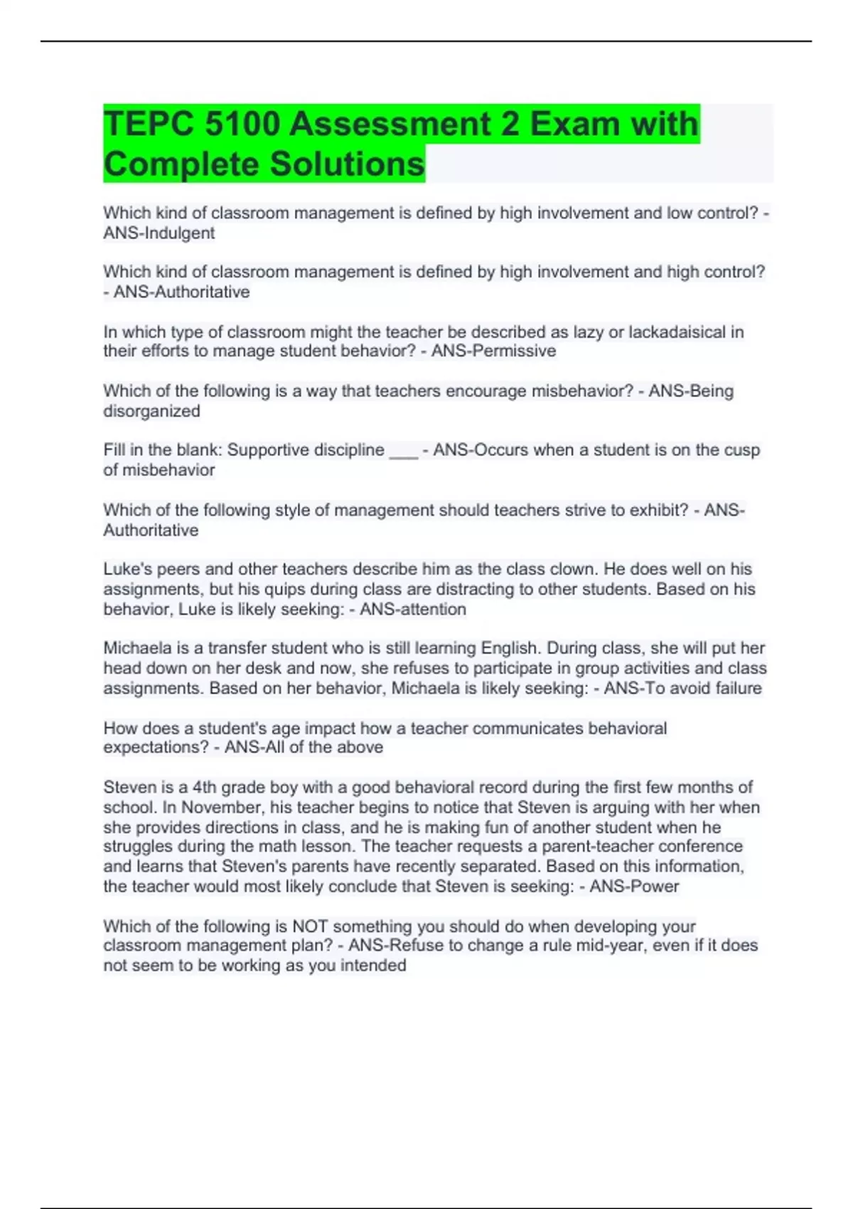 TEPC 5100 Assessment 2 Exam with Complete Solutions - TEPC 5100 - Stuvia US