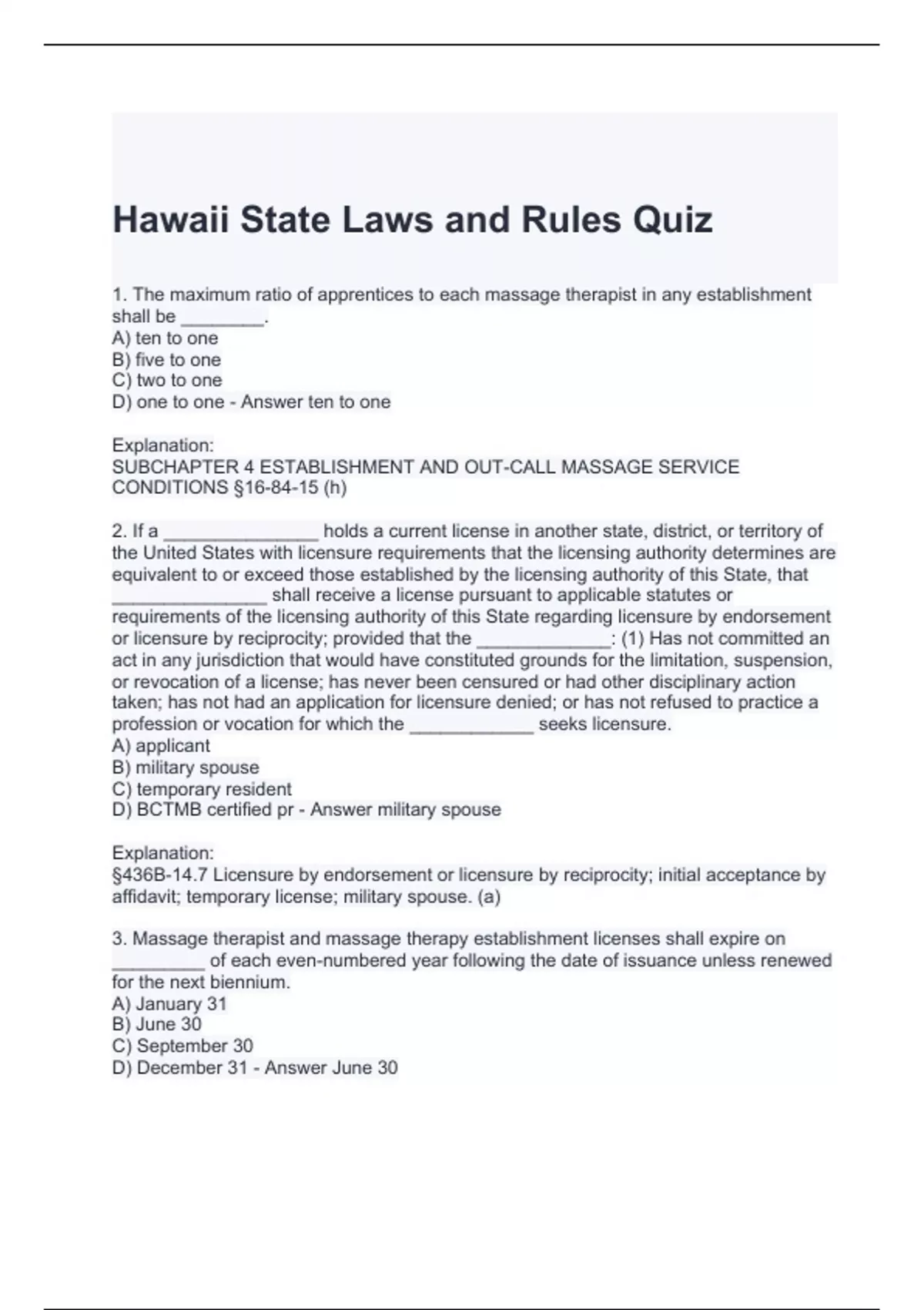 Hawaii State Laws and Rules Quiz-Solved - Hawaii Massage - Stuvia US