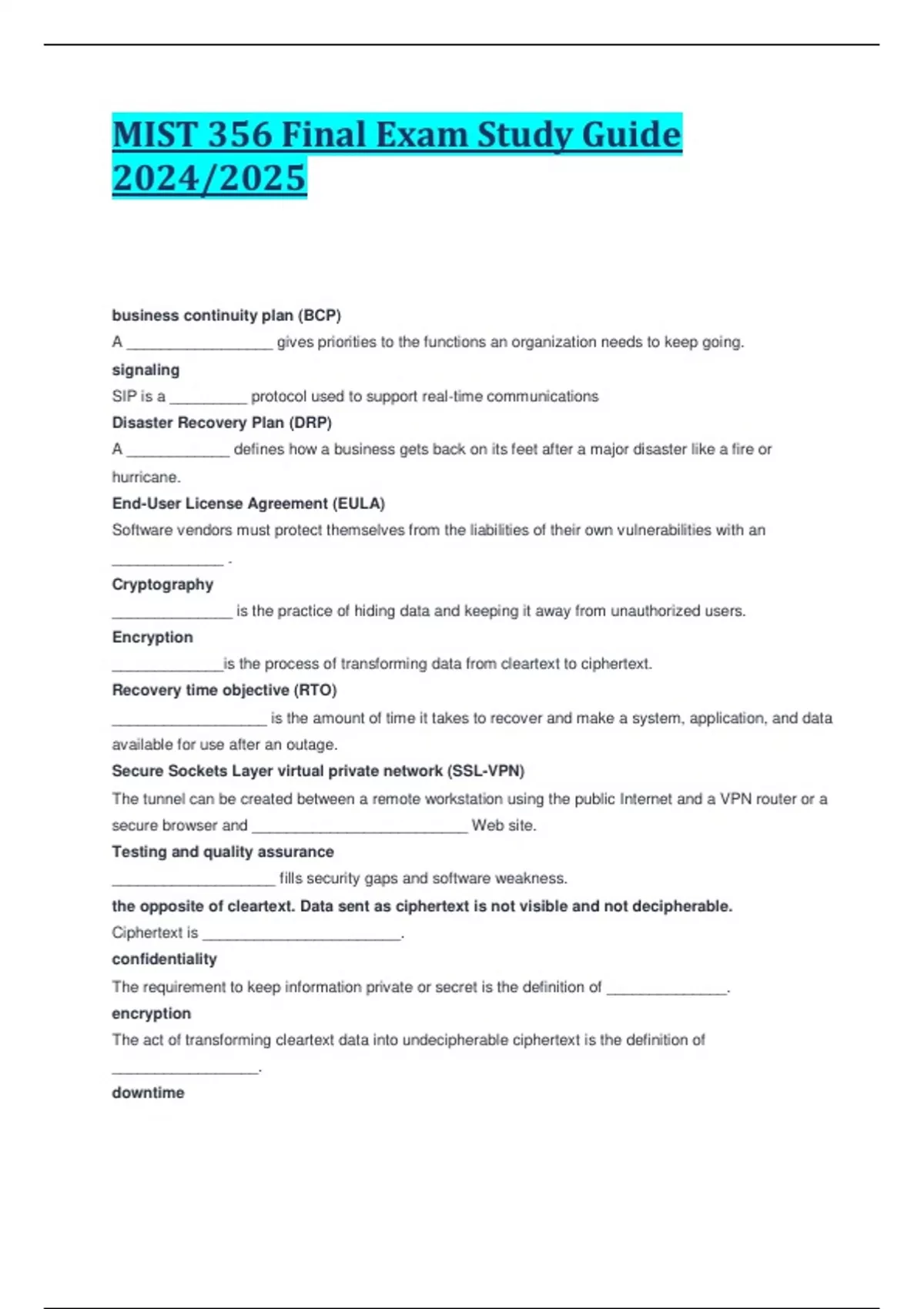 MIST 356 Final Exam Study Guide 2024/2025 - MIST - Stuvia US