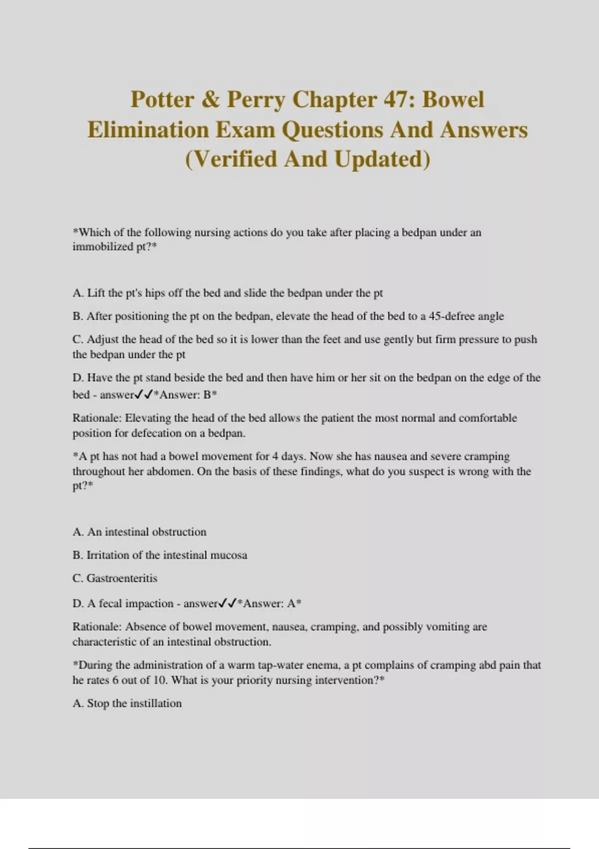 Potter & Perry Chapter 47: Bowel Elimination Exam Questions And Answers ...