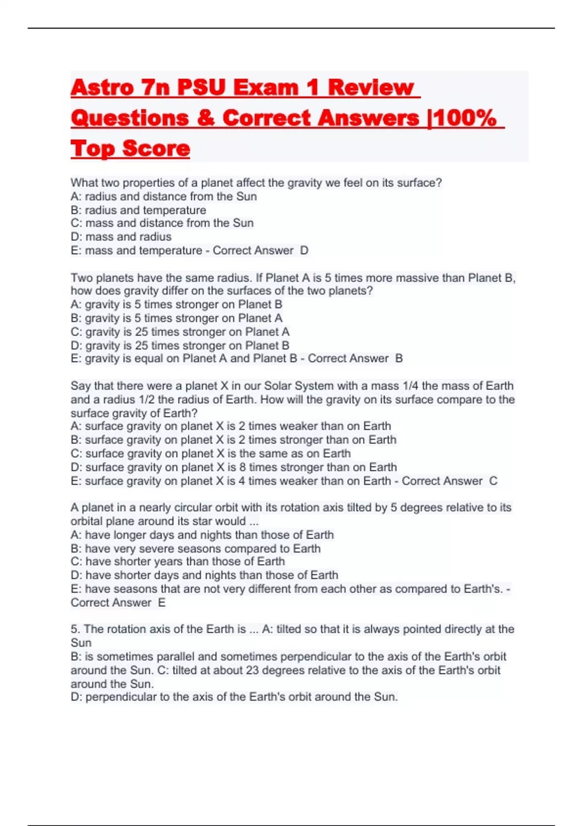 Astro 7n PSU Exam 1 Review Questions & Correct Answers |100% Top Score ...