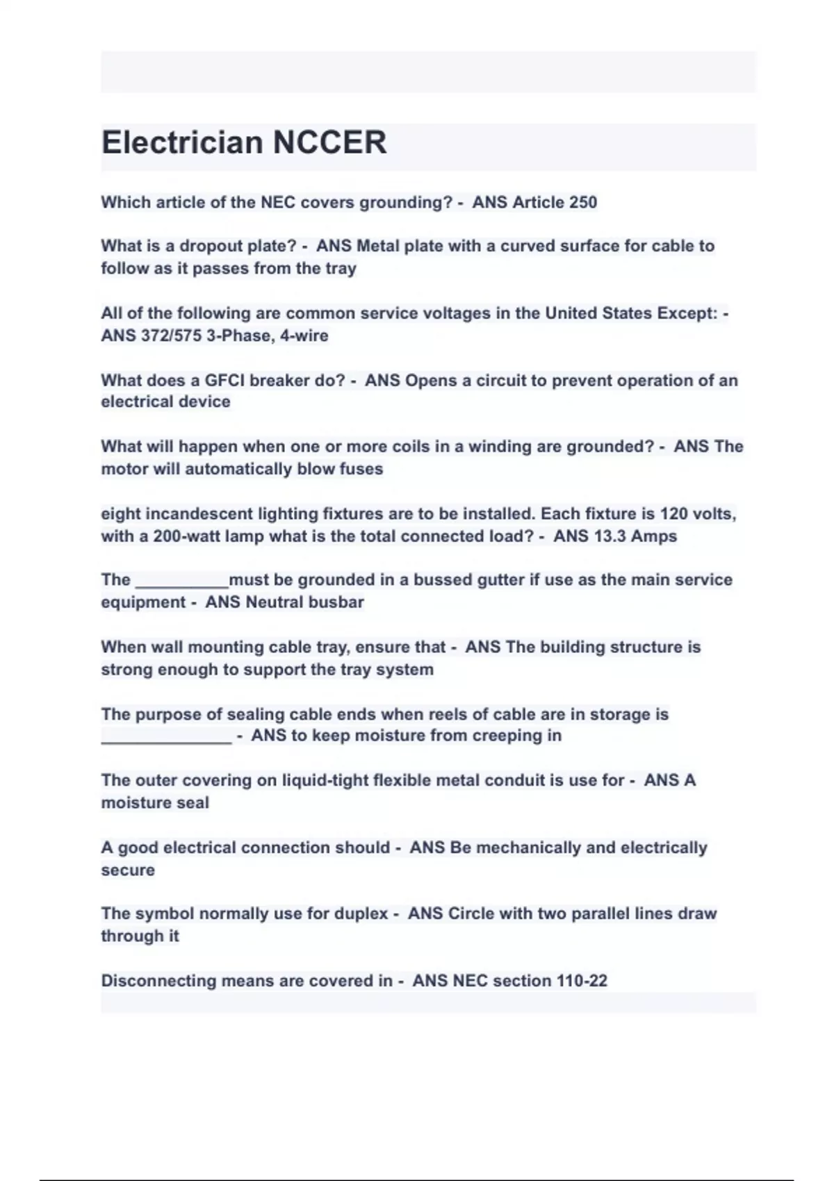 Electrician NCCER EXAM QUESTIONS WITH CORRECT ANSWERS 2024( A+ GRADED ...