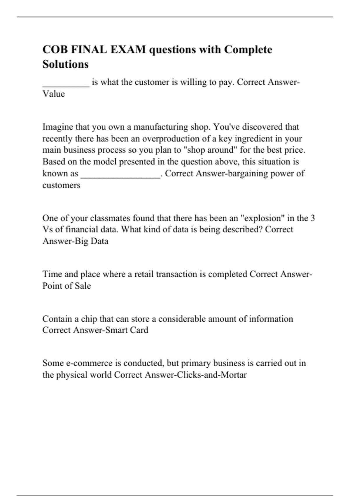 COB FINAL EXAM questions with Complete Solutions - COB - Stuvia US